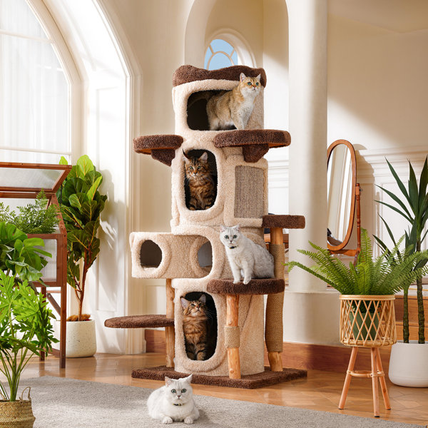 Zalap 67'' Tall Modern Wood Cat Tree with 3 Level House, Large Cat ...
