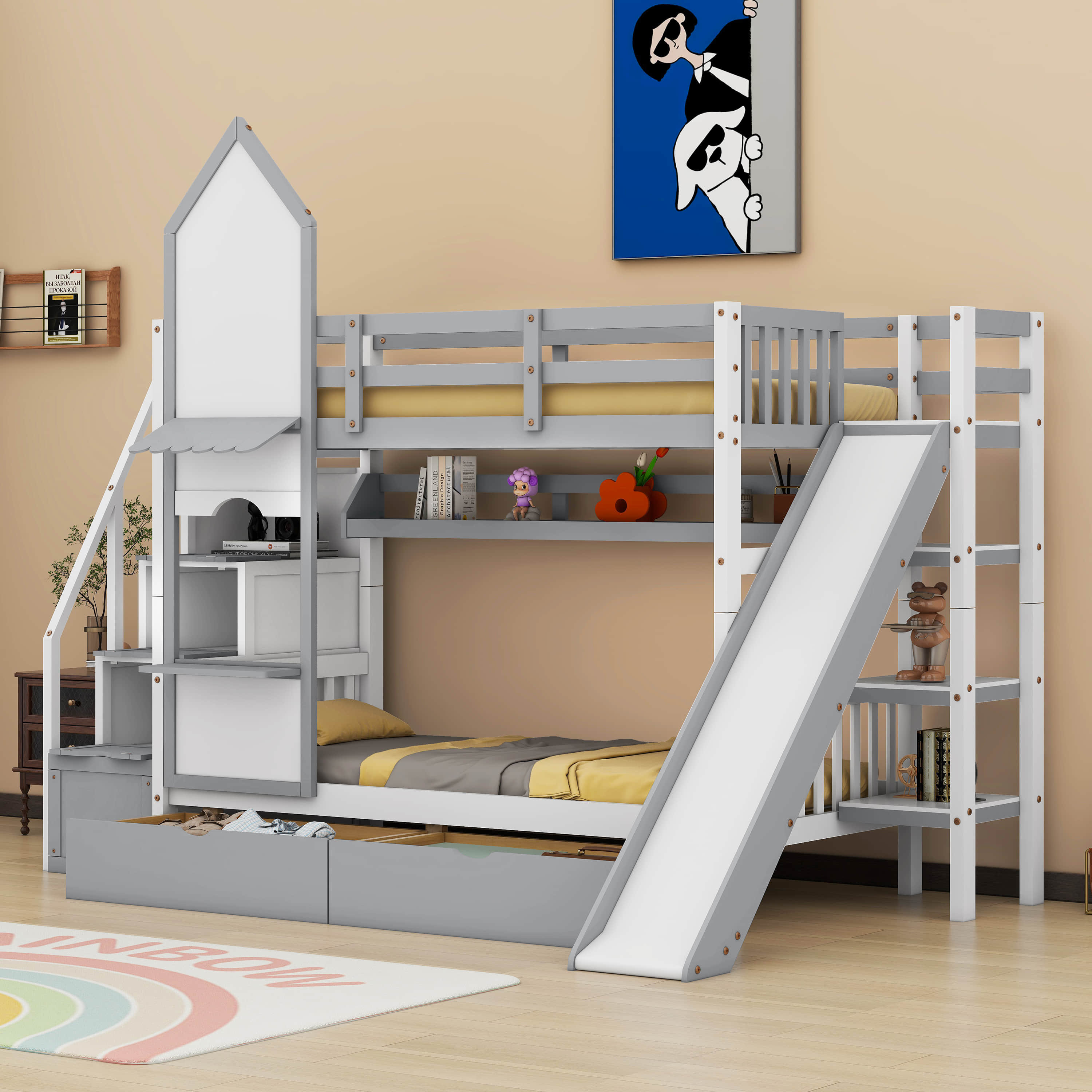 Harriet Bee Ietta Kids Bunk Bed with 2 Drawers 3 Shelves and Slide | Wayfair