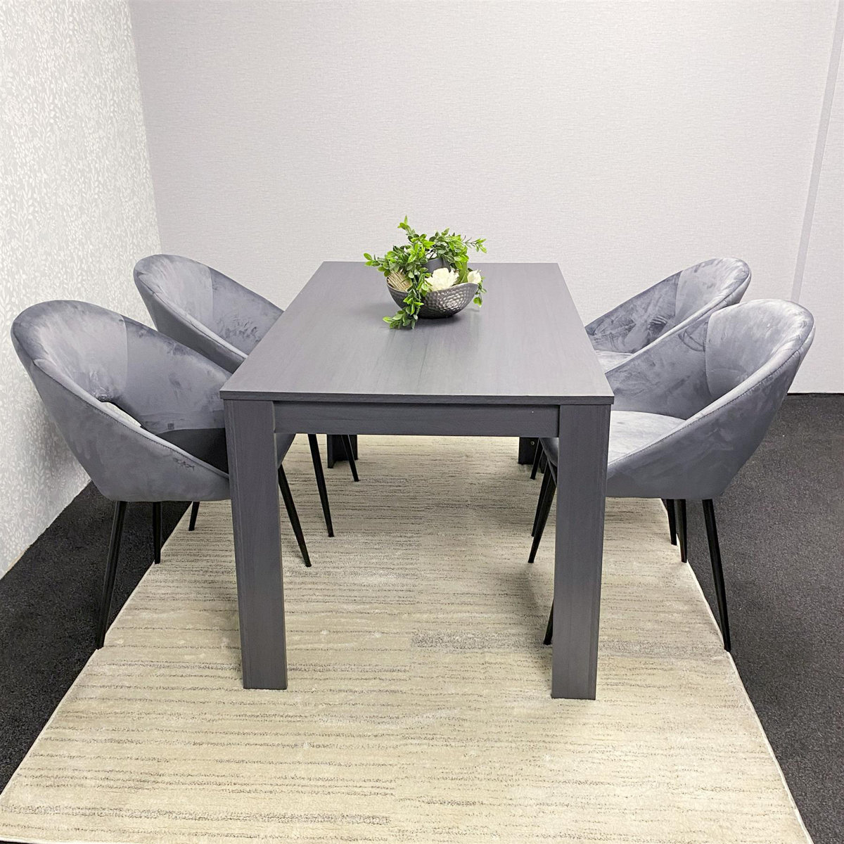 Fairmont Park Dark Grey Dining Table Set with 4 Grey Velvet Chairs ...