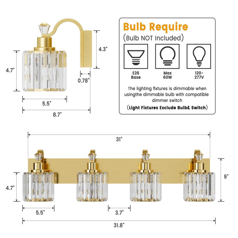 Mercer41 Modern Crystal Bathroom Vanity Lights Gold | Wayfair