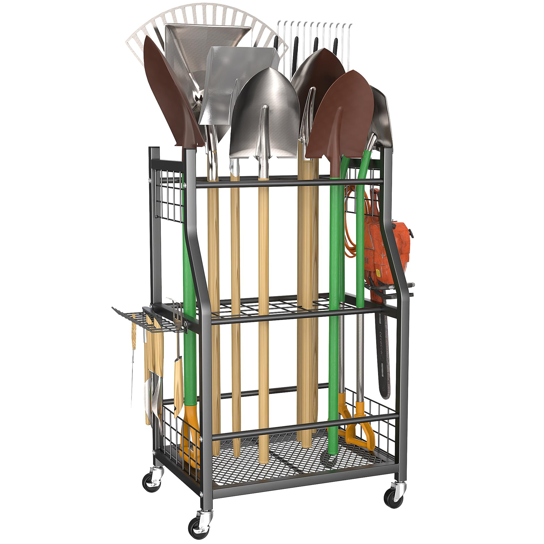 COOREL Garden Tool Organizer With Wheels For Garage, Rakes/Shovels/Yard ...