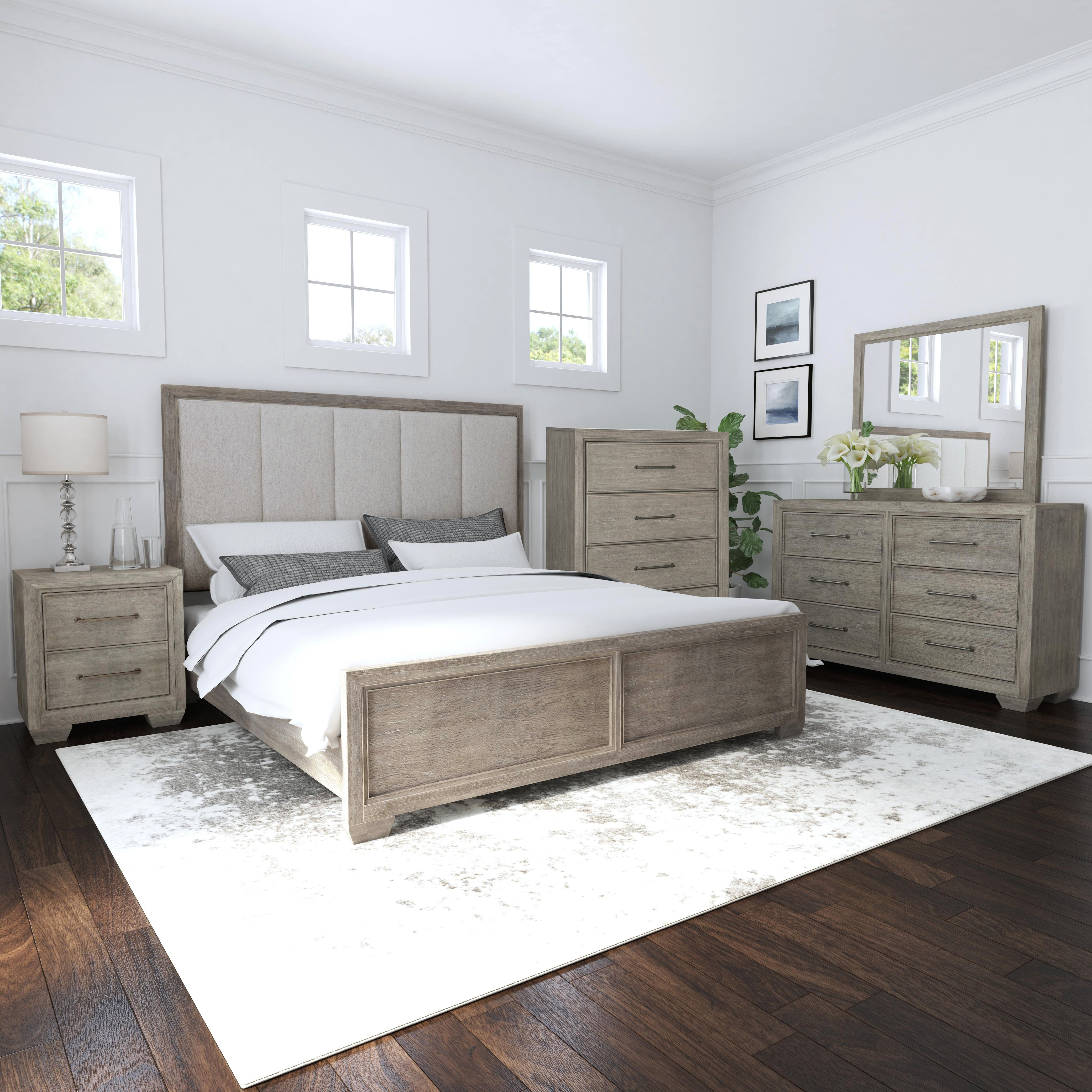Roundhill Furniture Ennesley Gray Wood Bedroom Set With Upholstered Panel Queen Bed, Dresser ...