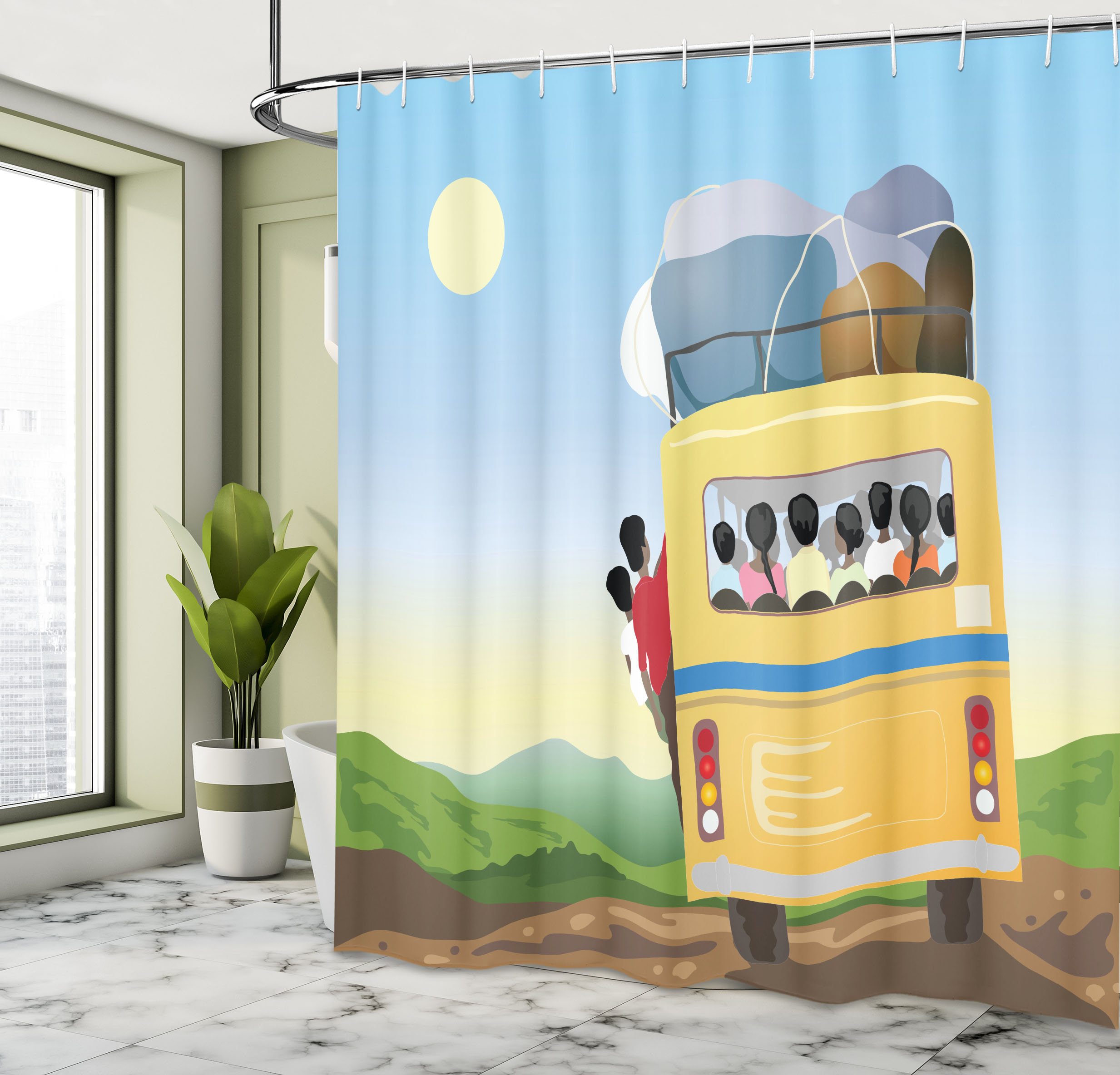 East Urban Home Cartoon Shower Curtain Crowded Yellow Bus Multicolor ...