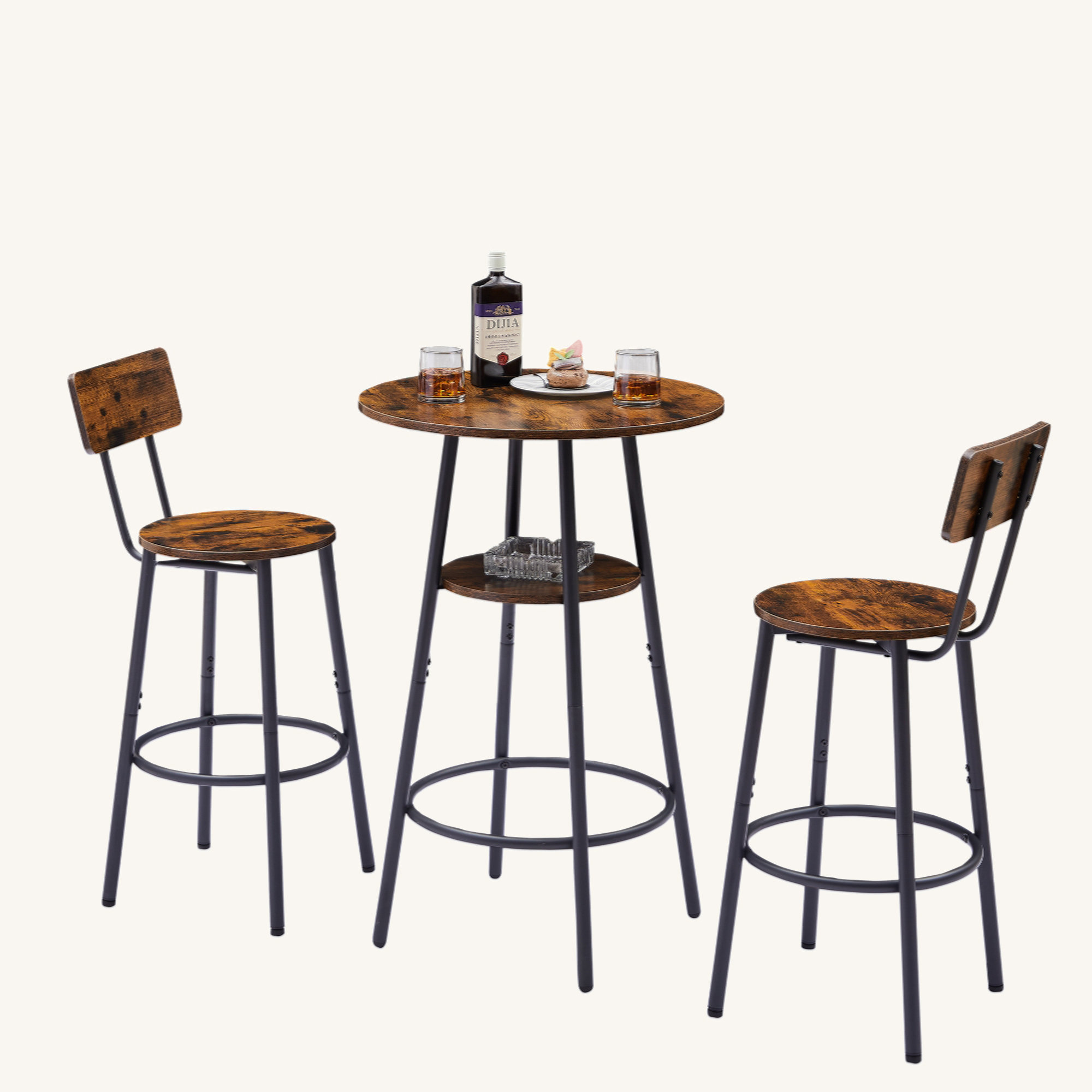 17 Stories Round Bar Stool Set With Shelves, Stool With Backrest Rustic ...