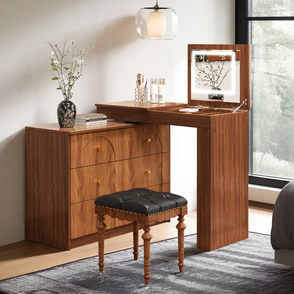 Hokku Designs Convertible L-Shaped Vanity Desk with Mirror and 3-Color ...