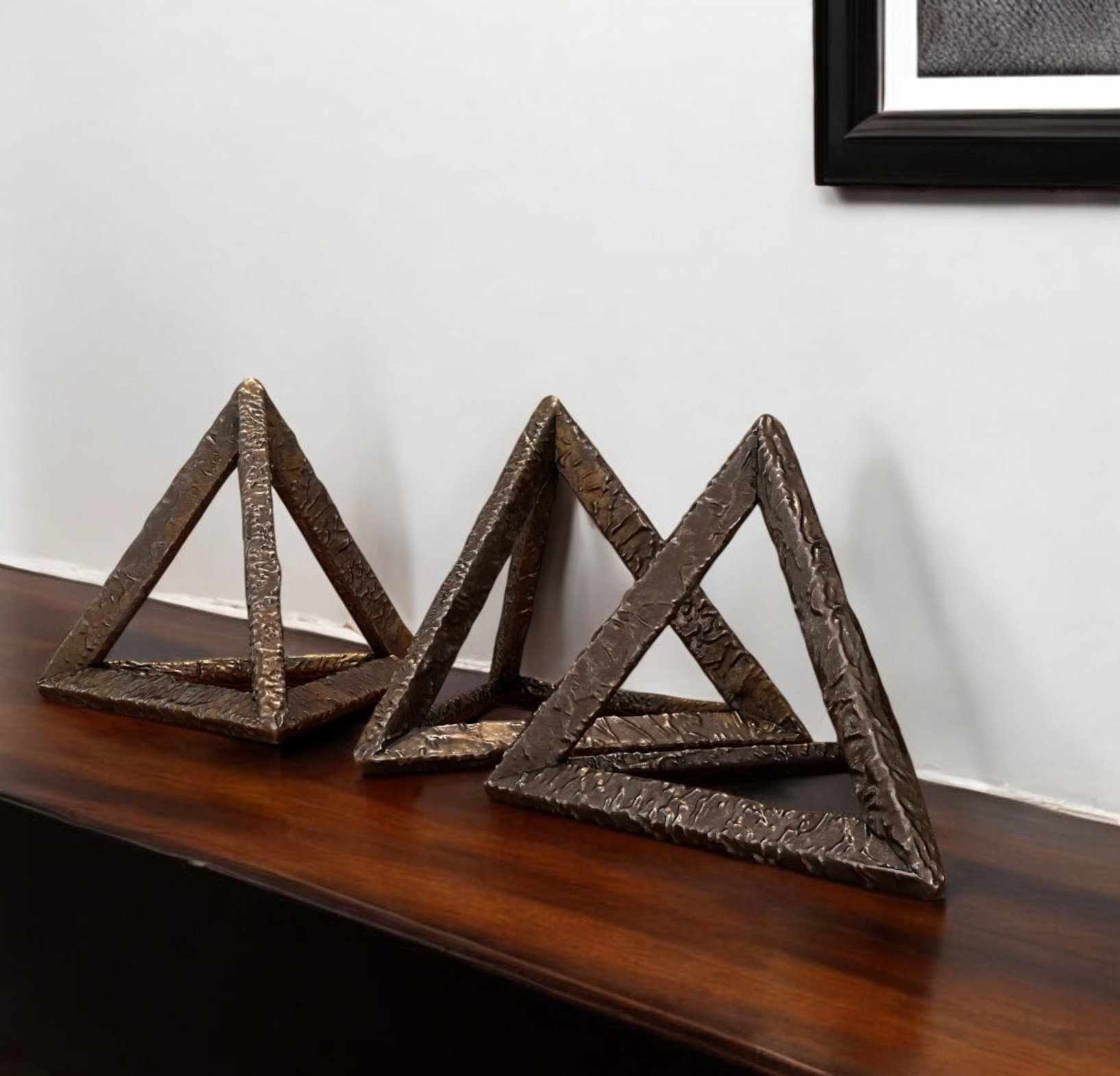 HomeRoots Set of Three Bronze Metal Pyramid Tabletop Sculptures | Wayfair