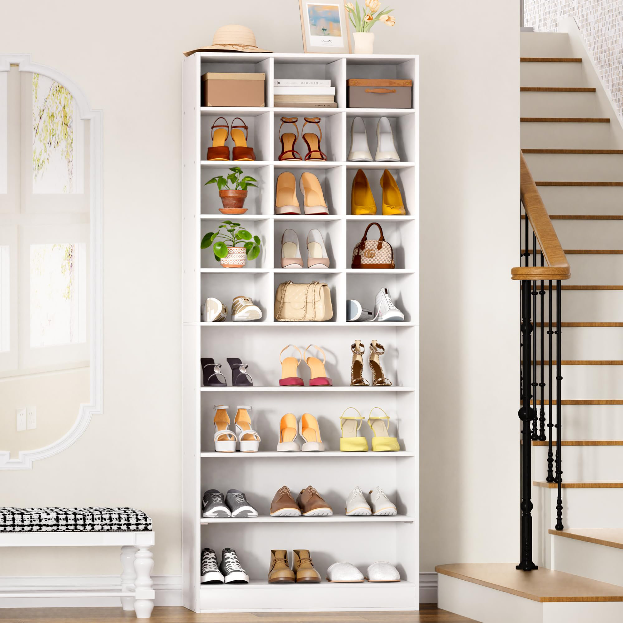 FUNDUXA Shoe Storage Cabinet with 15 Cubbies, 9-Tier Tall Modern ...