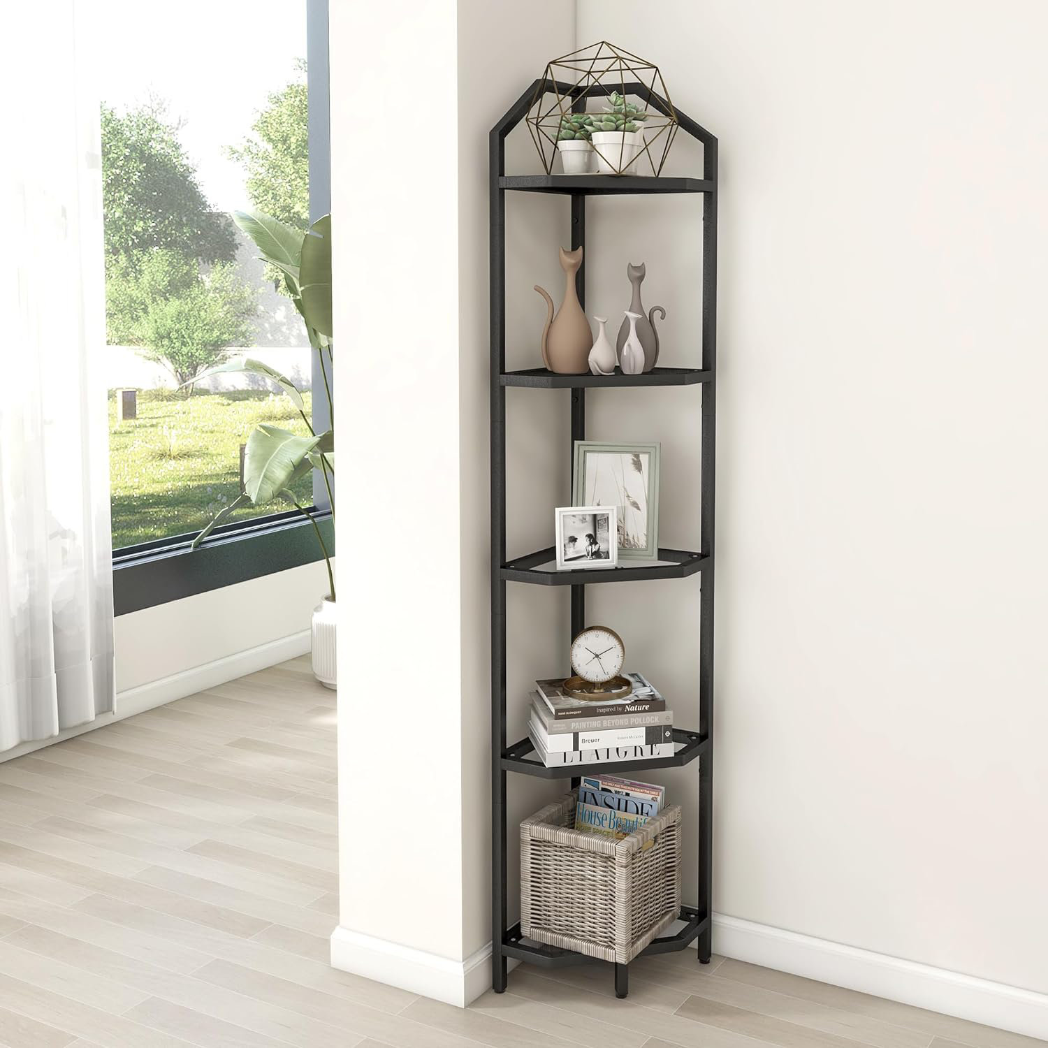 Everly Quinn Modern Corner Shelf With Tempered Glass And Steel Frame, 5 ...