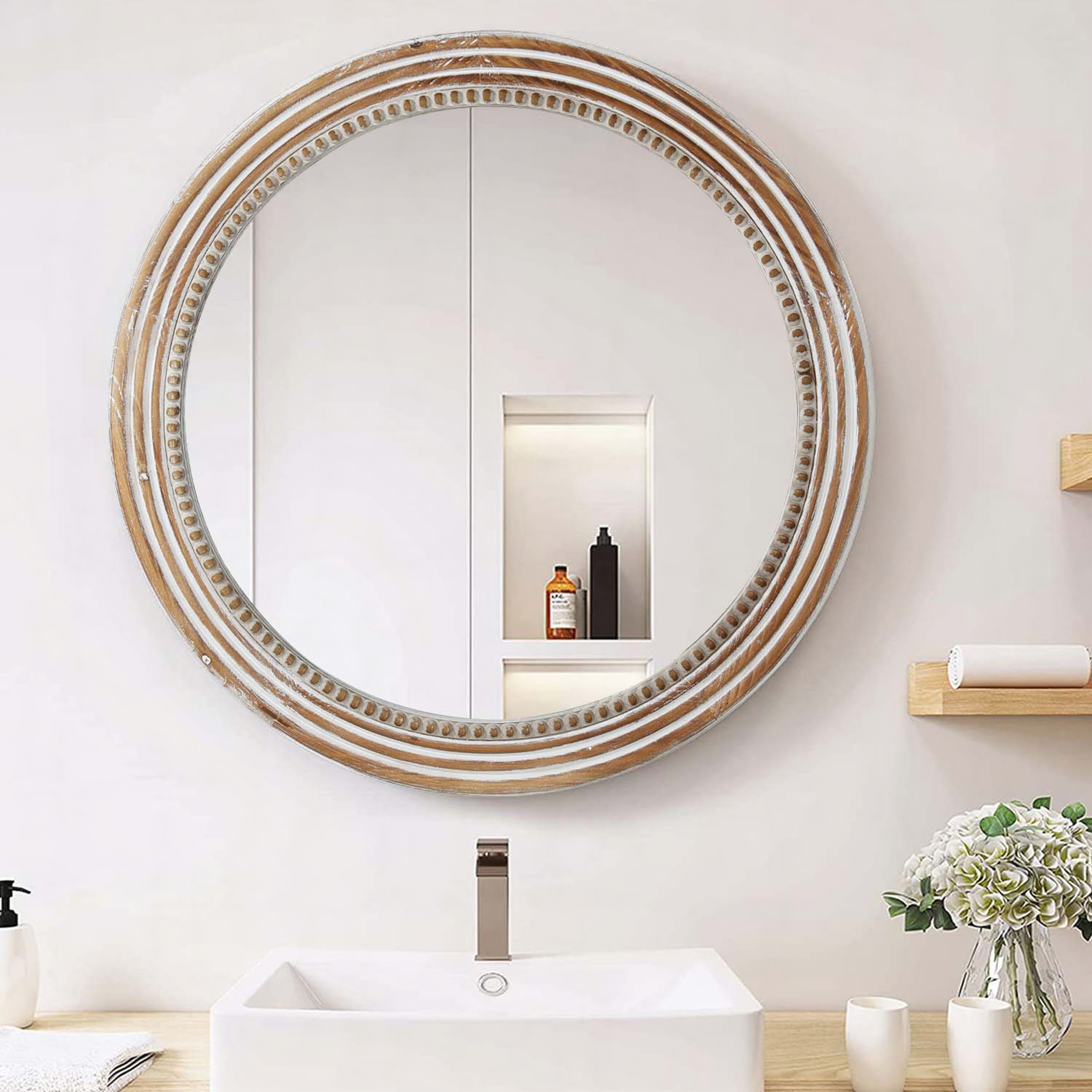 Bungalow Rose Rustic Round Wall Mirror, 23.62 Inches Wood Circle Mirror ...