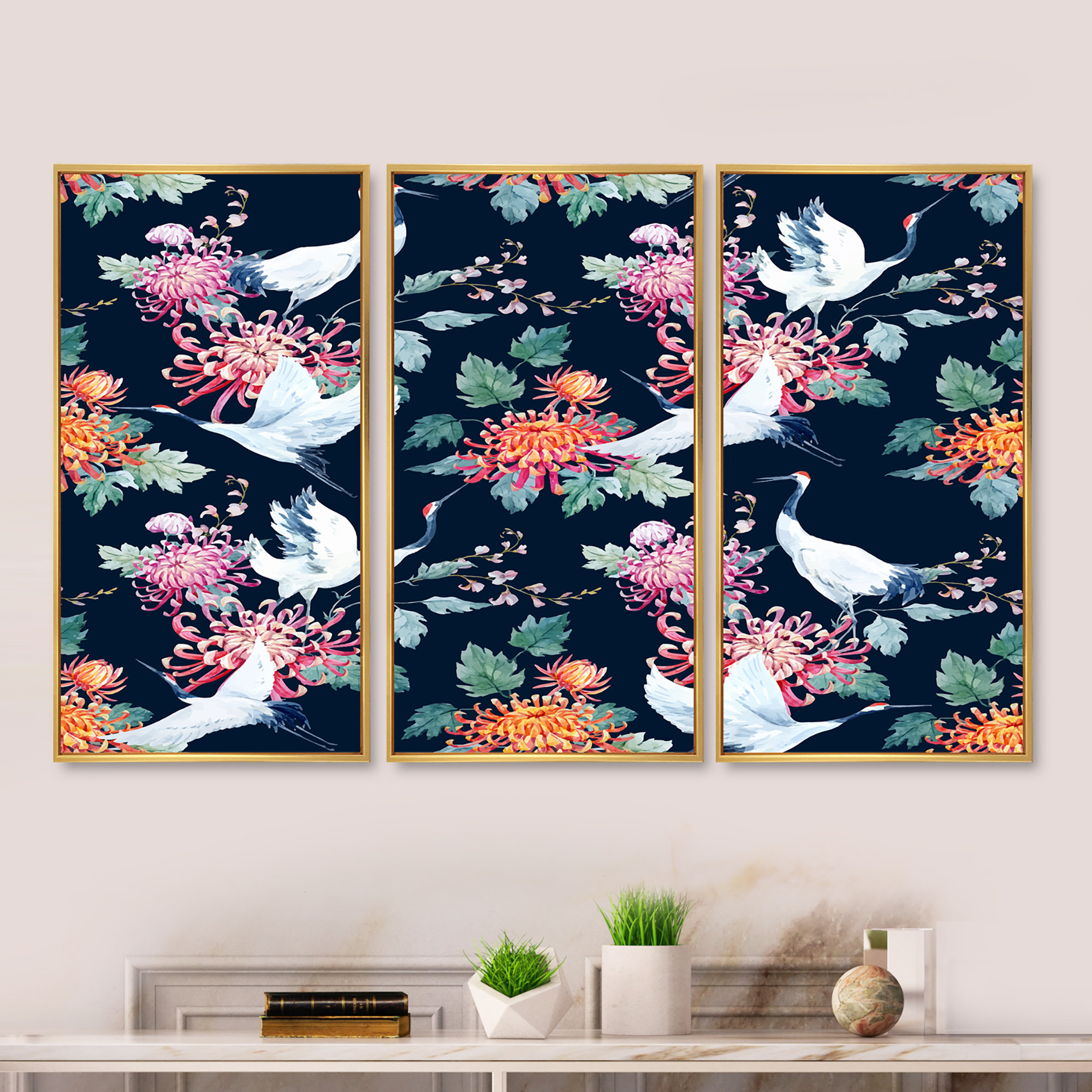 Winston Porter Crane With Flowers And Leaves I - Modern Framed Canvas ...