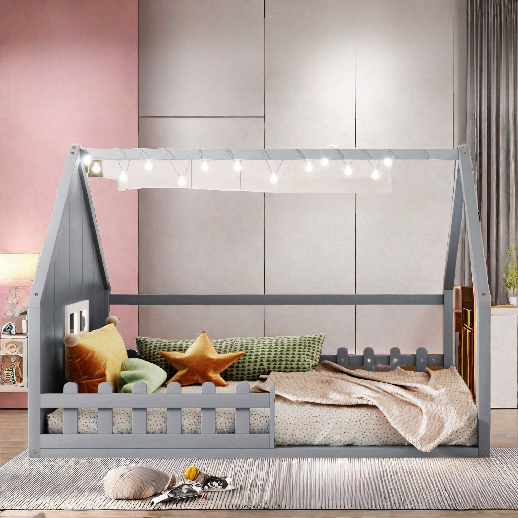 Harper Orchard Anyri Wood House Bed With Window, Fence And Led Design ...