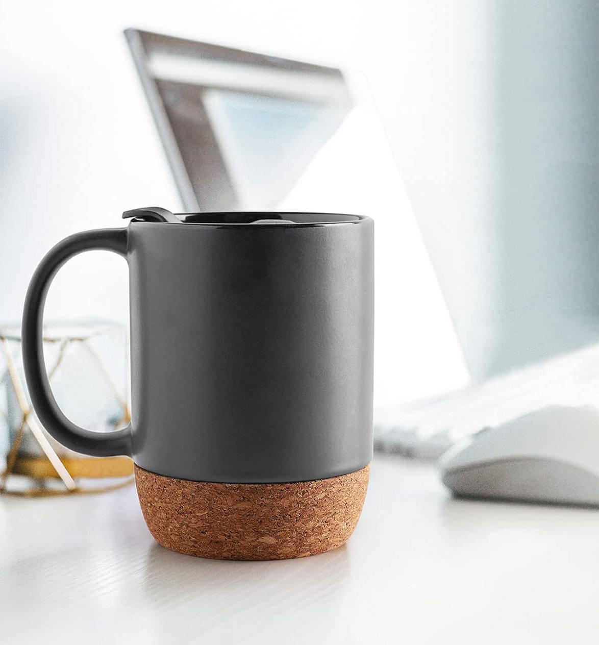 MODVAT Large Ceramic Coffee Mug with Cork Bottom and Spill Proof Lid ...
