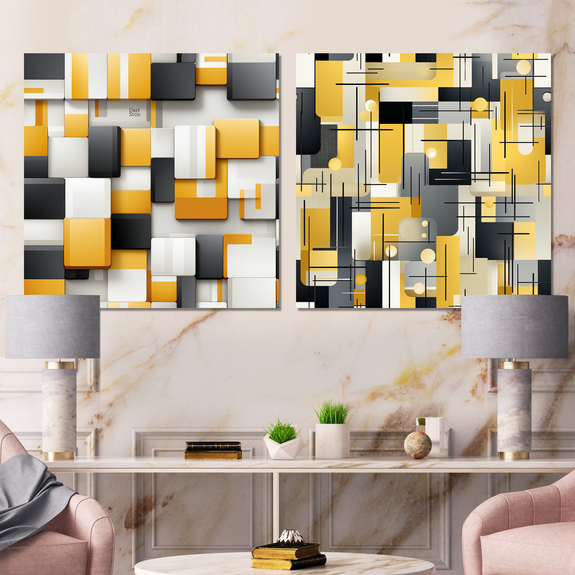 Design Art Yellow And Grey Geometric Blocks Harmony II - Abstract ...