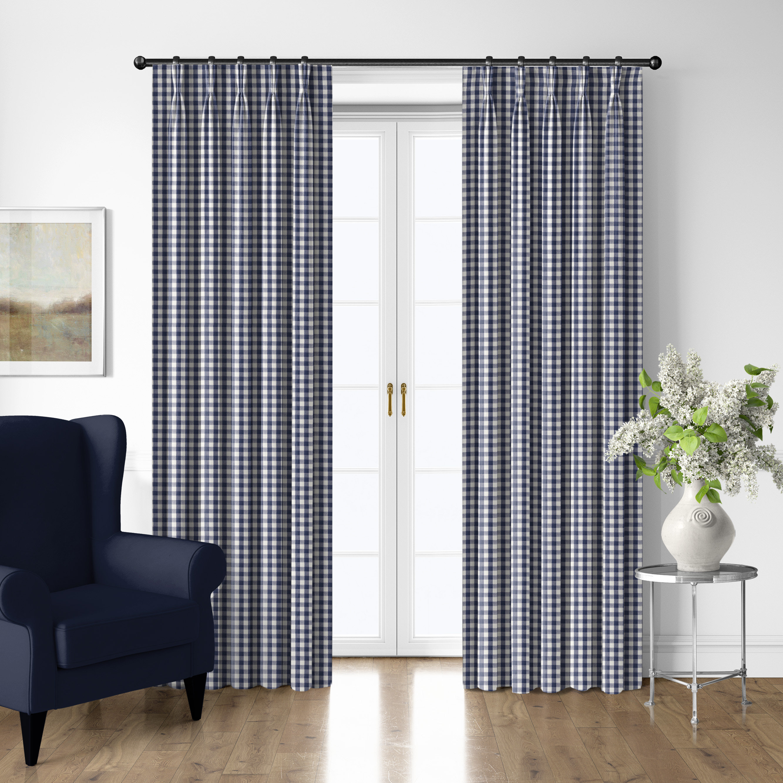 6ix Tailors Fine Linens Walker Check Indigo/Ivory Cotton Pinch Pleat ...