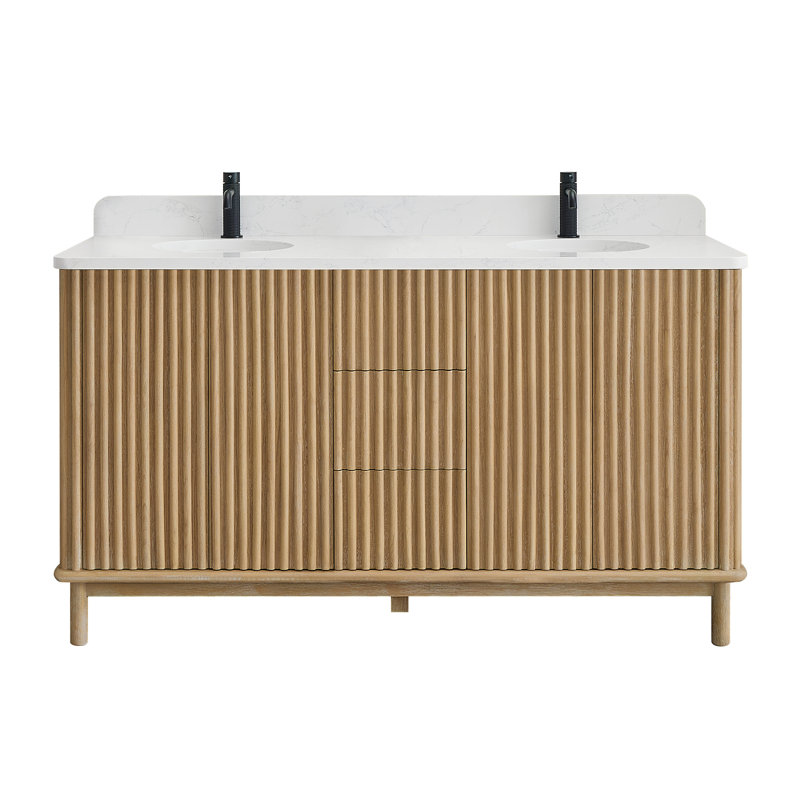 Ebern Designs Ravetsky 60" Double Vanity in Washed Ash Grey with White ...