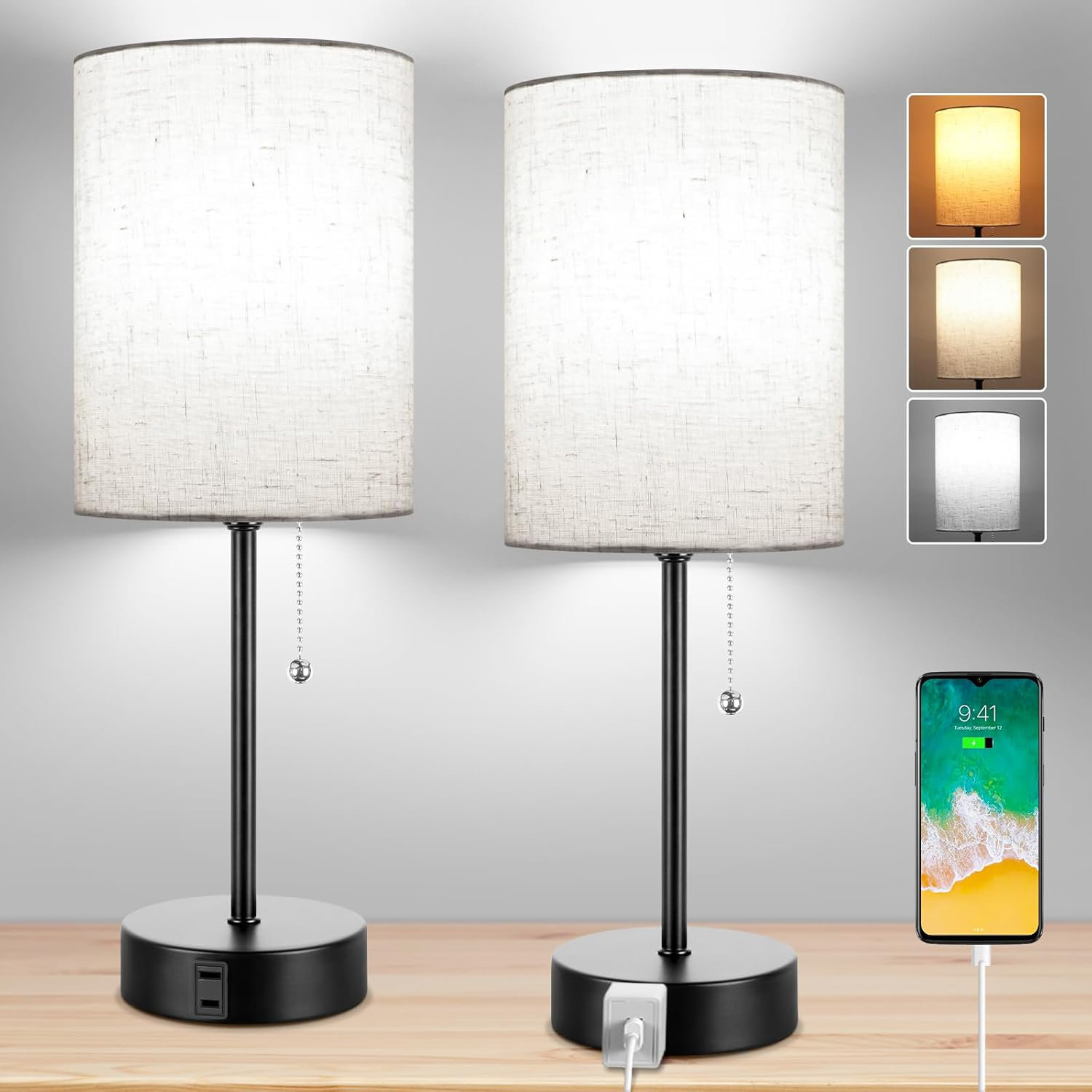 Latitude Run® Table Lamps for Nightstand with 3 Color Modes 2700K-5000K ...
