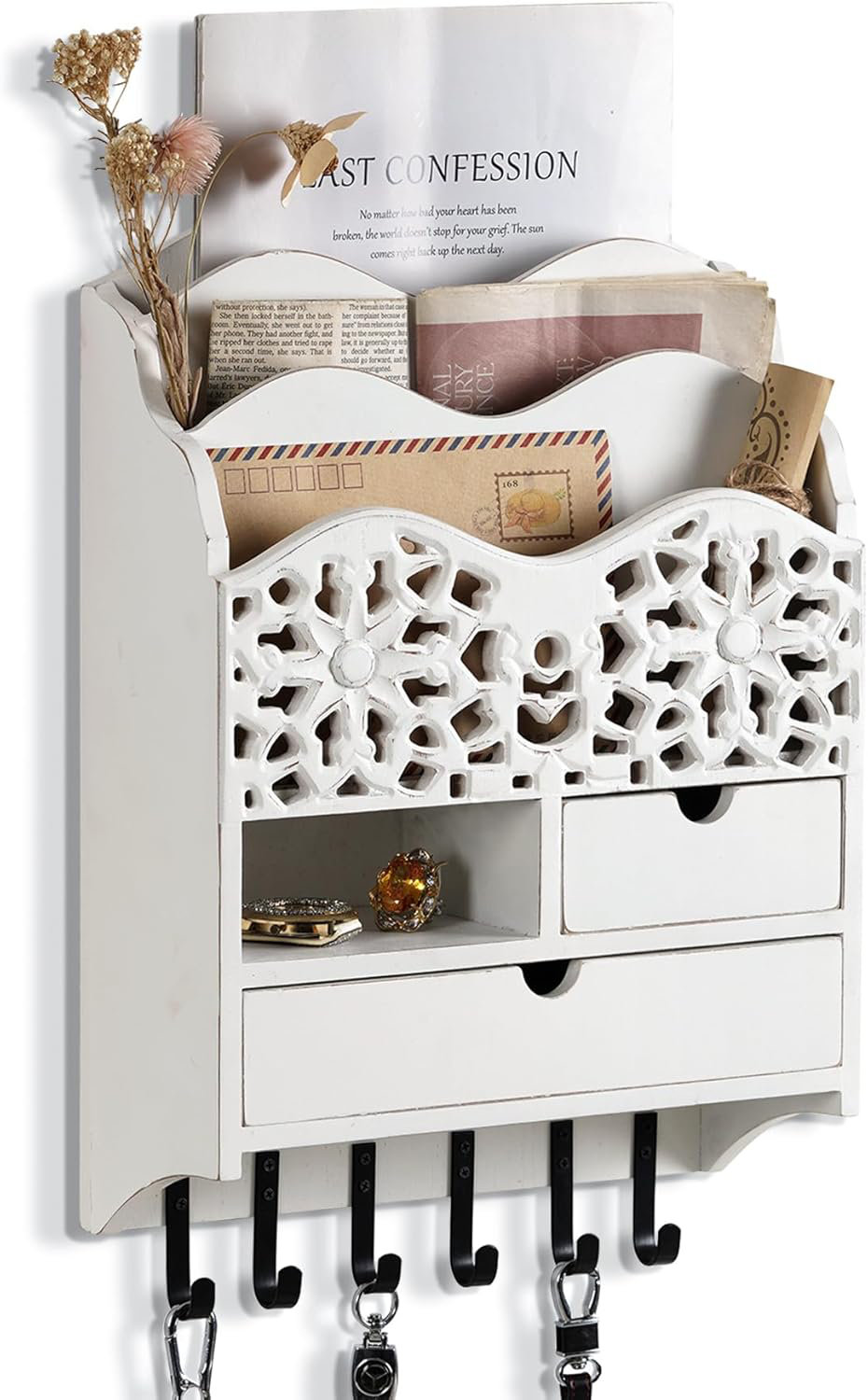 August Grove® 3-Slot Mail Sorter Organizer Wall Mount with 6 Hooks, Key ...