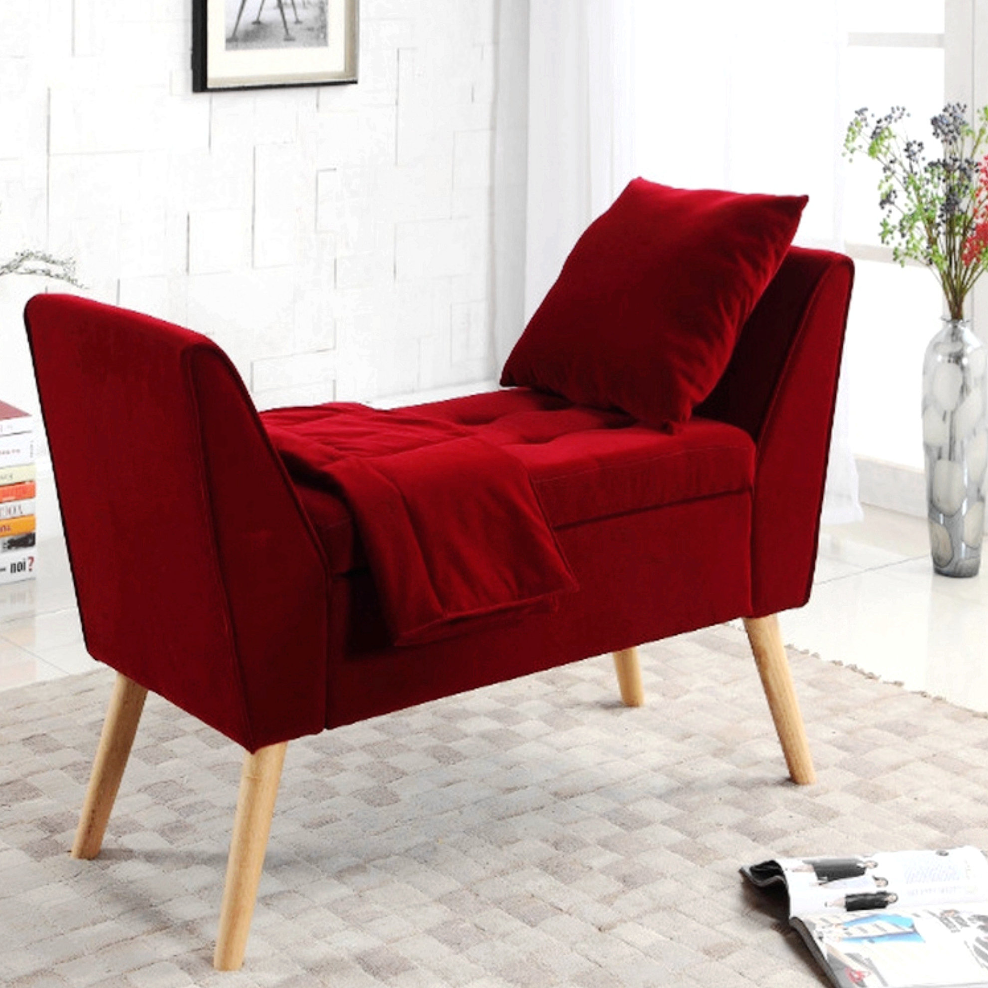 Mercer41 35" Tall Mid-Century Storage Bench With Pillow & Blanket ...