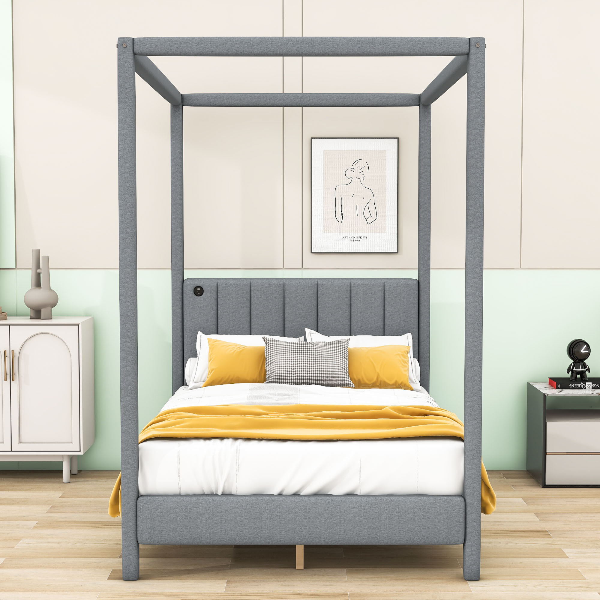 Latitude Run® Dallion Wood Canopy Platform Bed with USB and Type-C ...