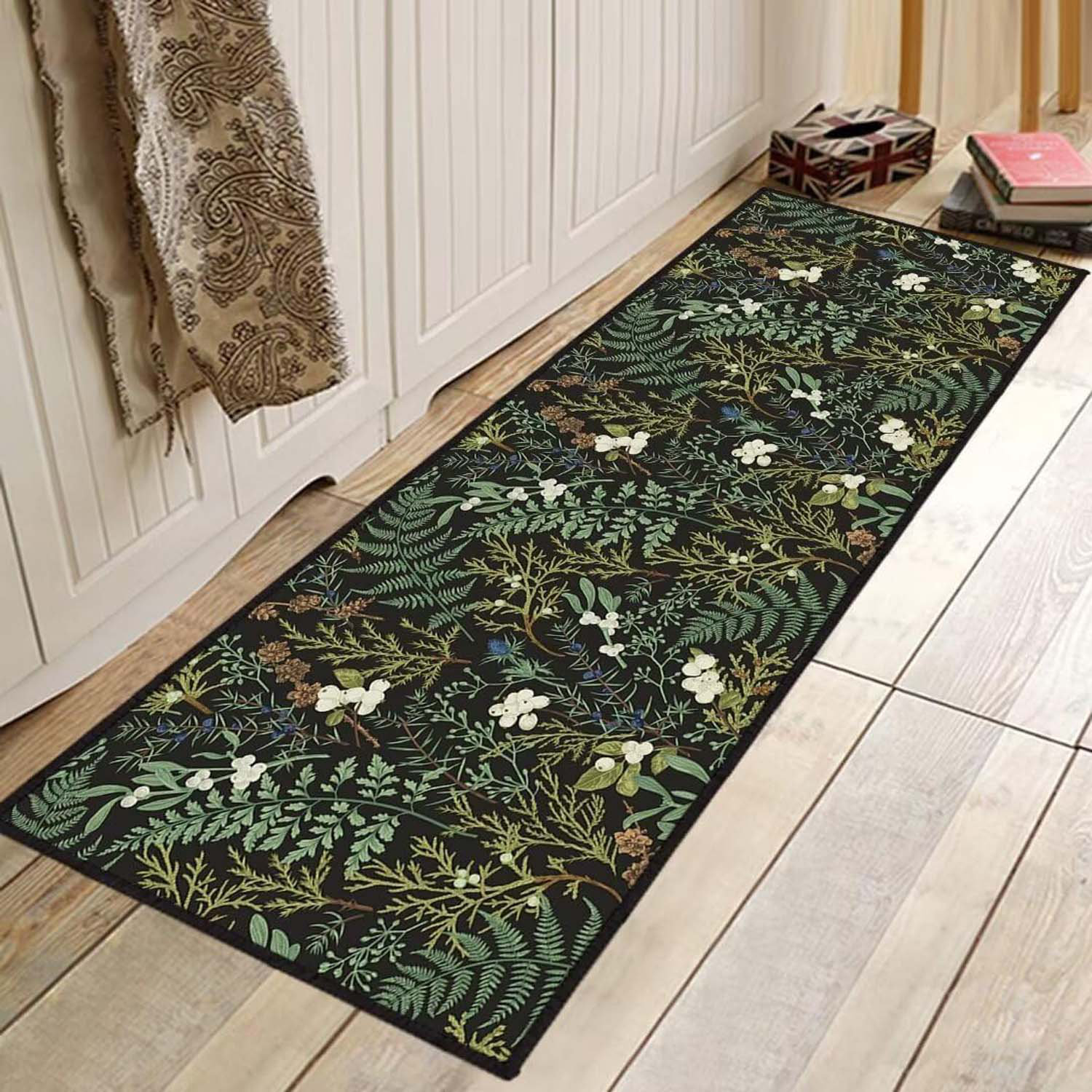 Winston Porter Black Green Runner Rug For Hallway 2X6,Botanical Print ...