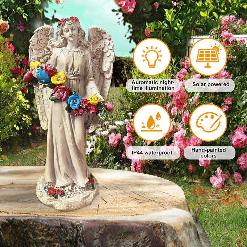 Trinx Holding Wreath Solar Angel Statue With 5 LED | Wayfair