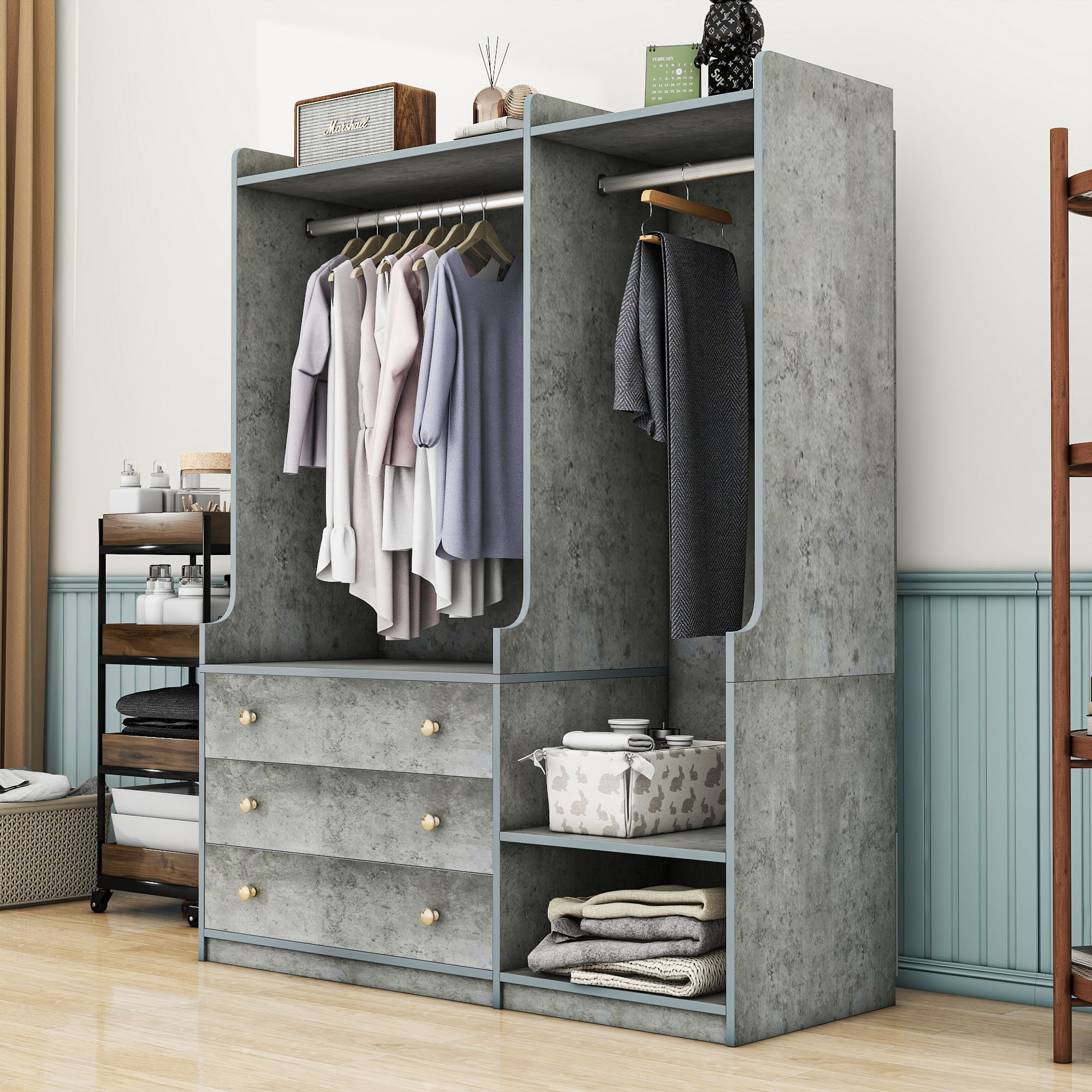 Latitude Run® Wood Open Wardrobe Storage Unit with Hanging Rods ...