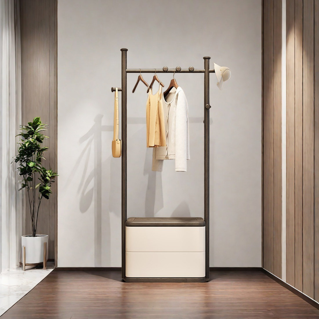 Ebern Designs Solid Wood Hooks Mobile Coat Rack 3 Drawers | Wayfair