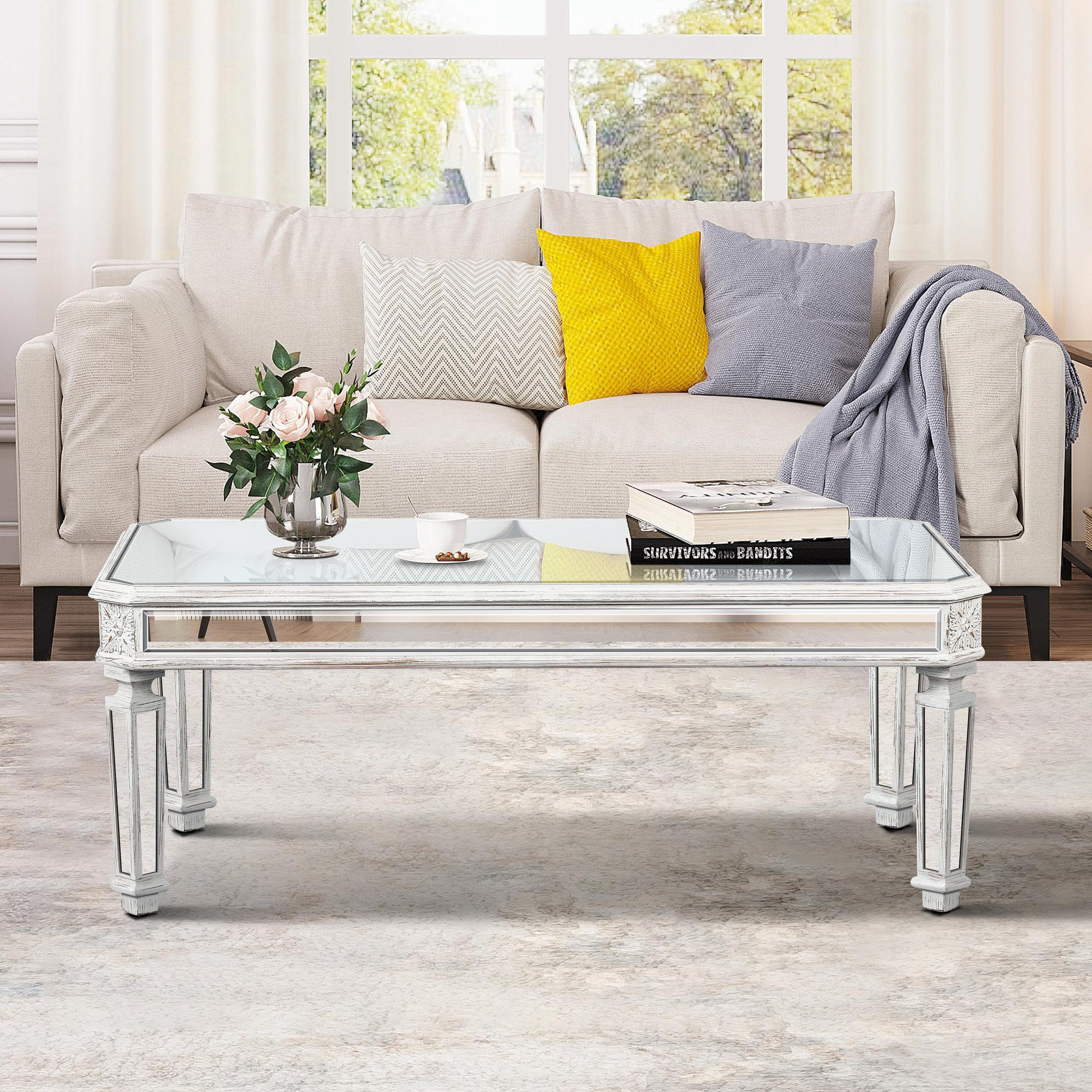 House of Hampton® Silver Mirrored Coffee Table with Vintage Carved ...