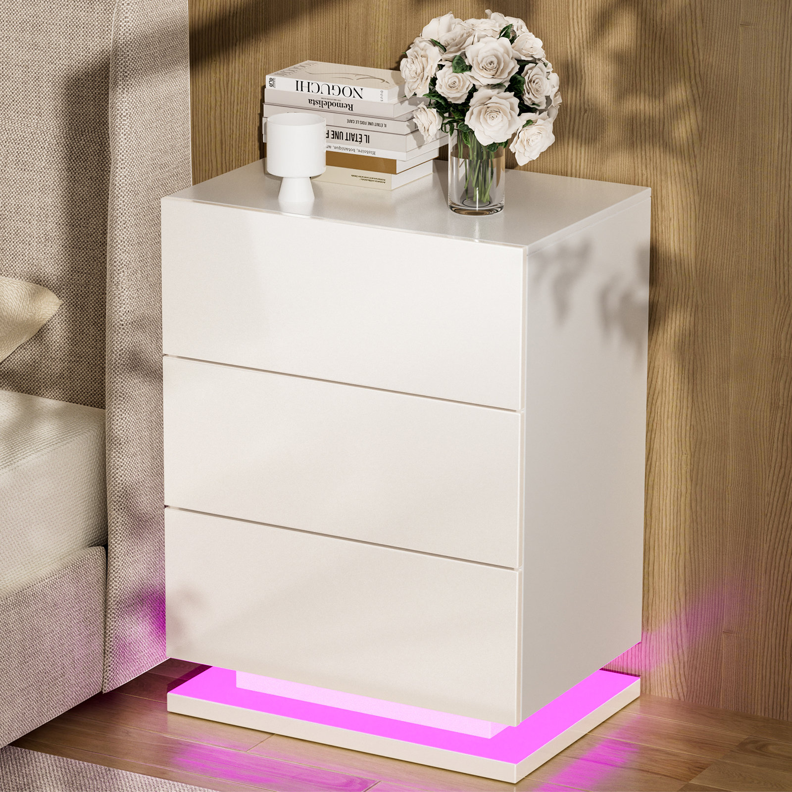 Wrought Studio Eyck Nightstand with LED Light, 3 Drawer White Wood ...