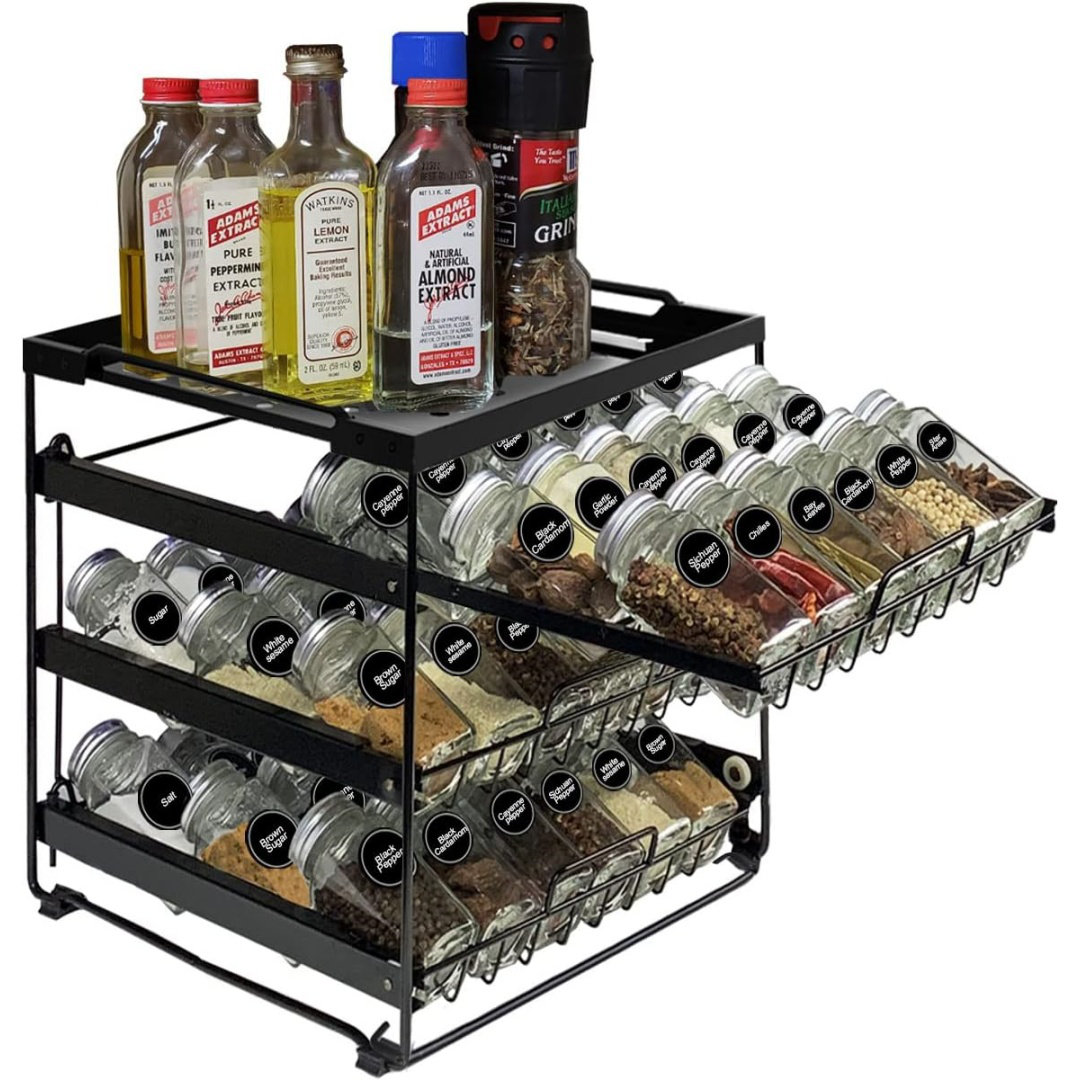 Latitude Run® Desktop Pull Out Spice Rack Organizer For 54 Standard 4-Ounce Jars, 3-Tier ...