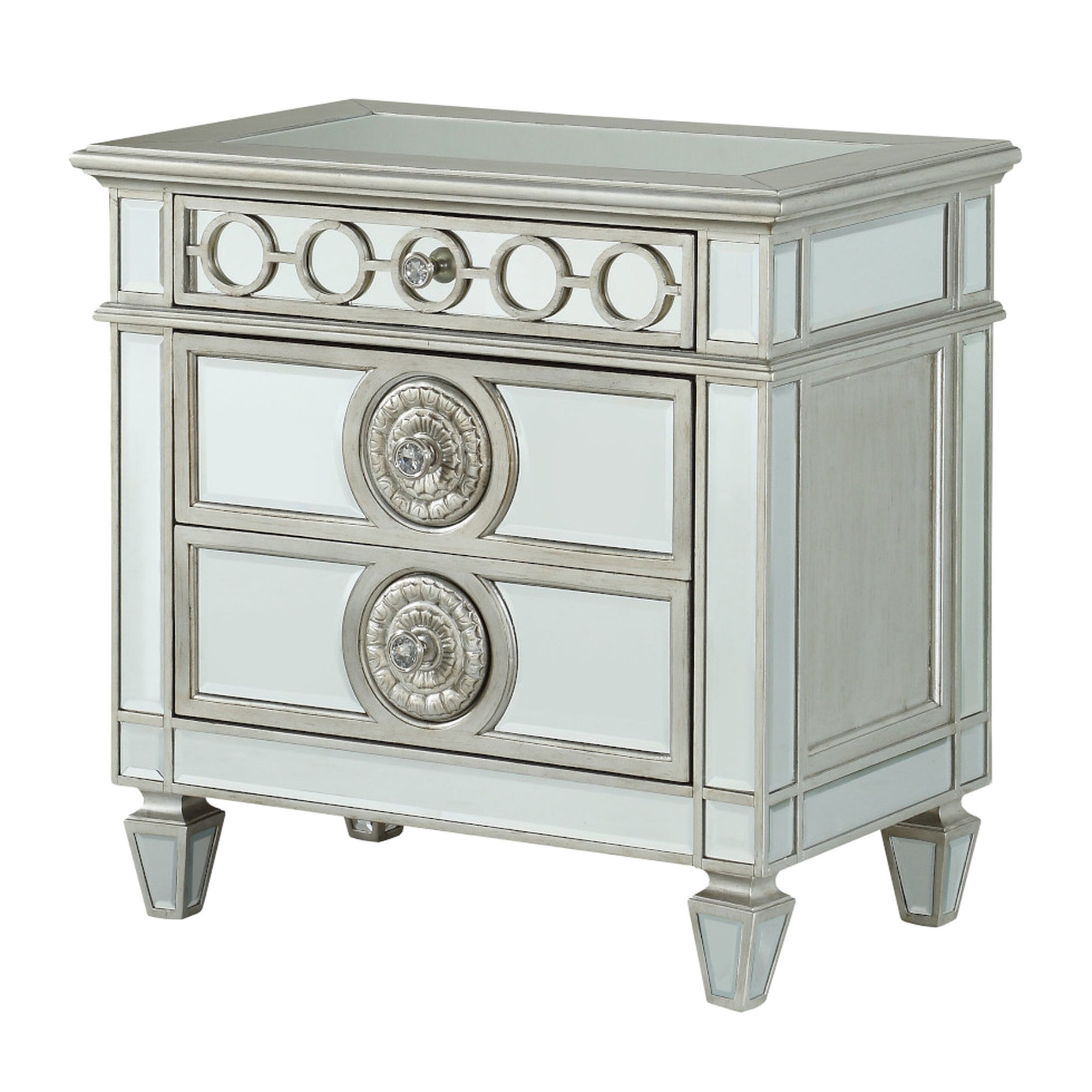 Lark Manor Silver Mirrored Nightstand With 2 Drawers - Geometric Trim ...