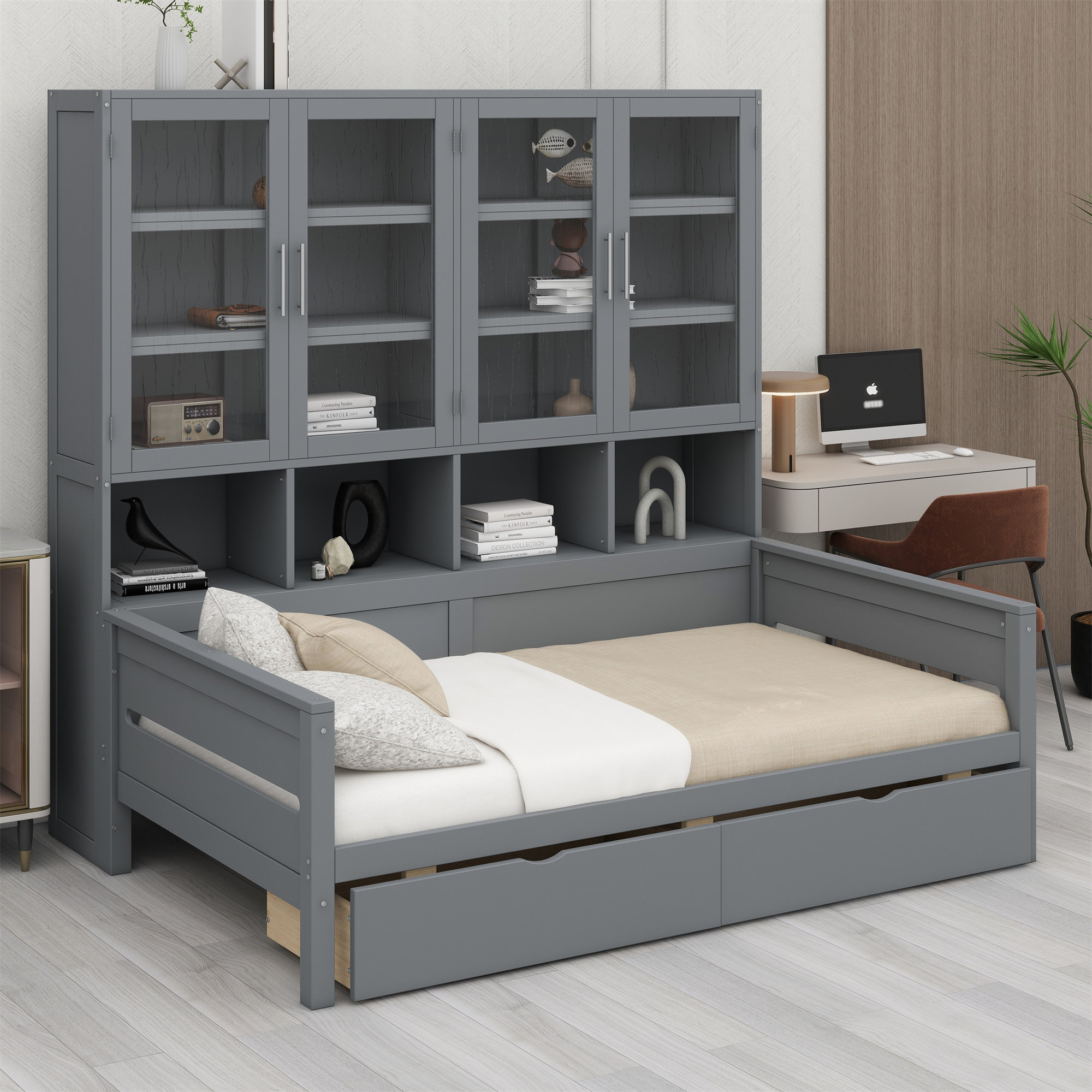 Lark Manor Wooden Daybed With Glass-Door Storage Cabinets, Built-In LED ...