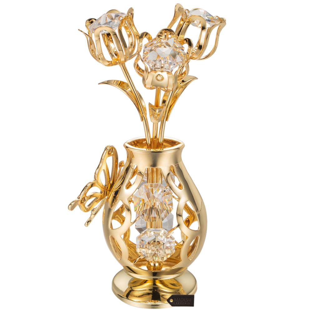 Matashi Crystal 24K Gold Plated Tulips with Butterfly In A Vase With ...