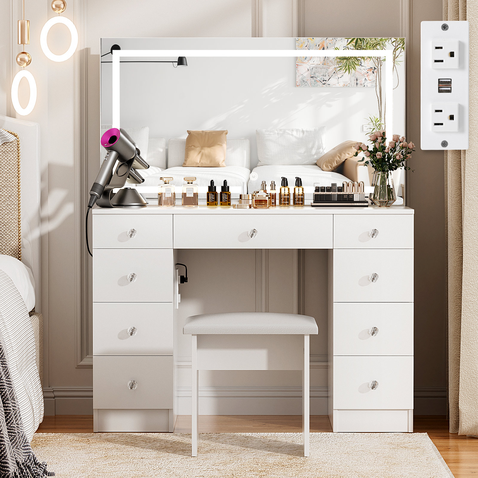 Latitude Run® Greyden Vanity Set With LED Mirror & Power Outlets, 9 ...