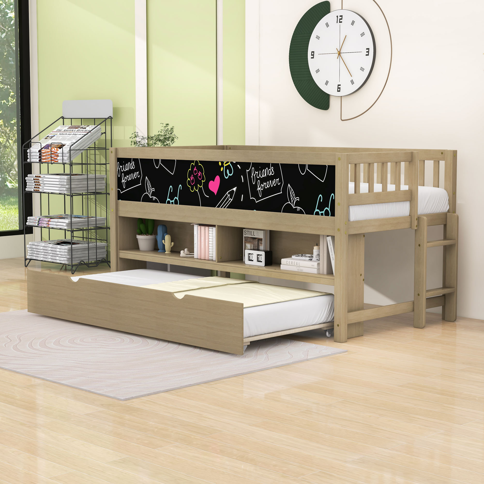 Harriet Bee Twin Size Wood Low Loft Bed With Storage Shelves, Blackboard And Twin Trundle | Wayfair