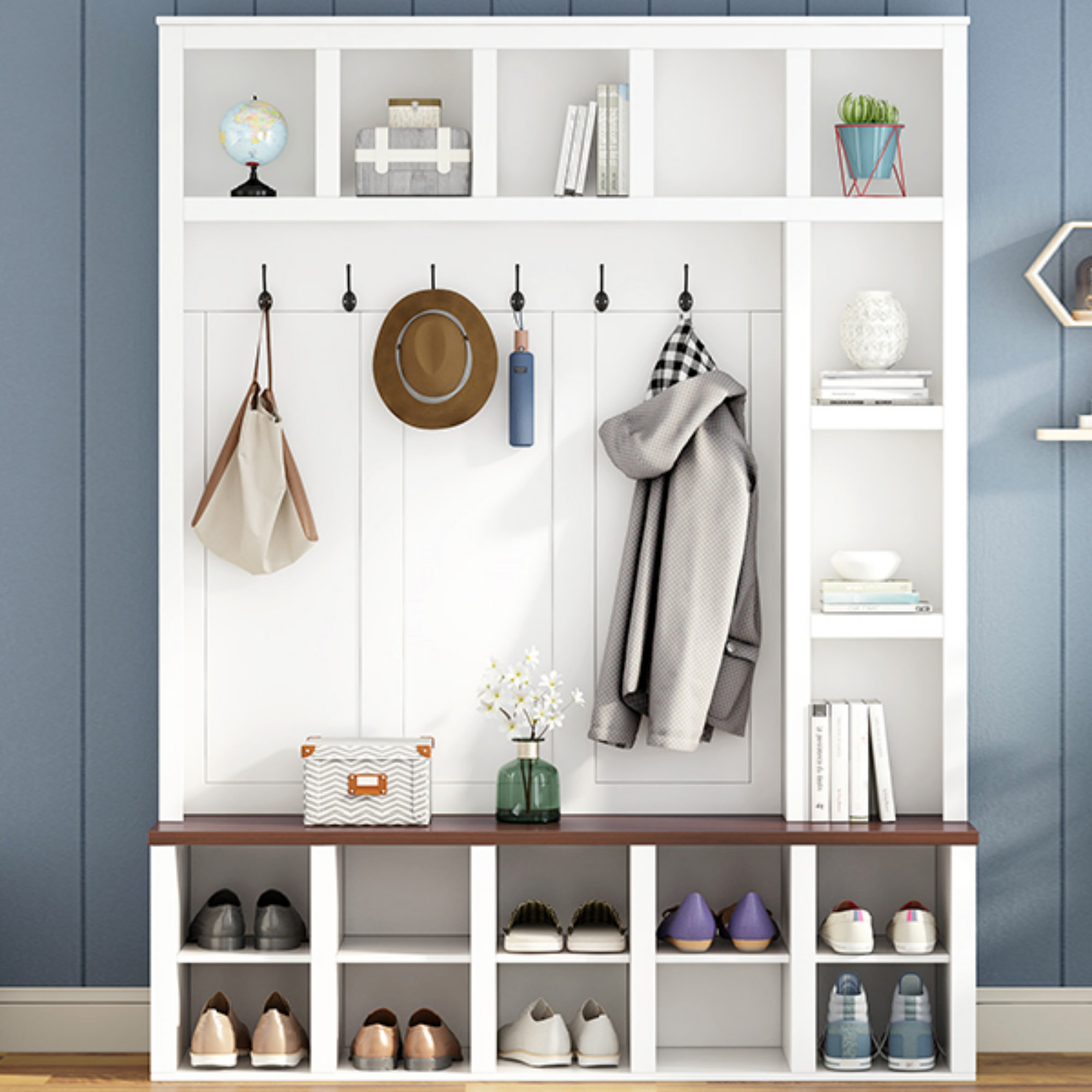 Hokku Designs Wooden Style Hall Tree With 6 Hooks, Practical Walnut Storage Bench With ...