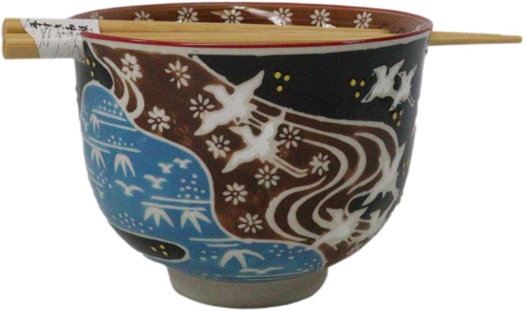 Ebern Designs Japanese Cranes Donburi Ramen Soup Bowl With Chopsticks Set | Wayfair