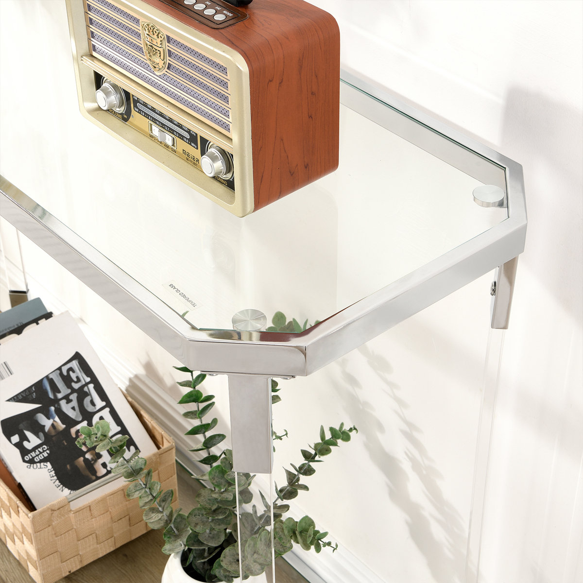 Ivy Bronx Modern Chrome And Acrylic Console Table With Glass Top And ...