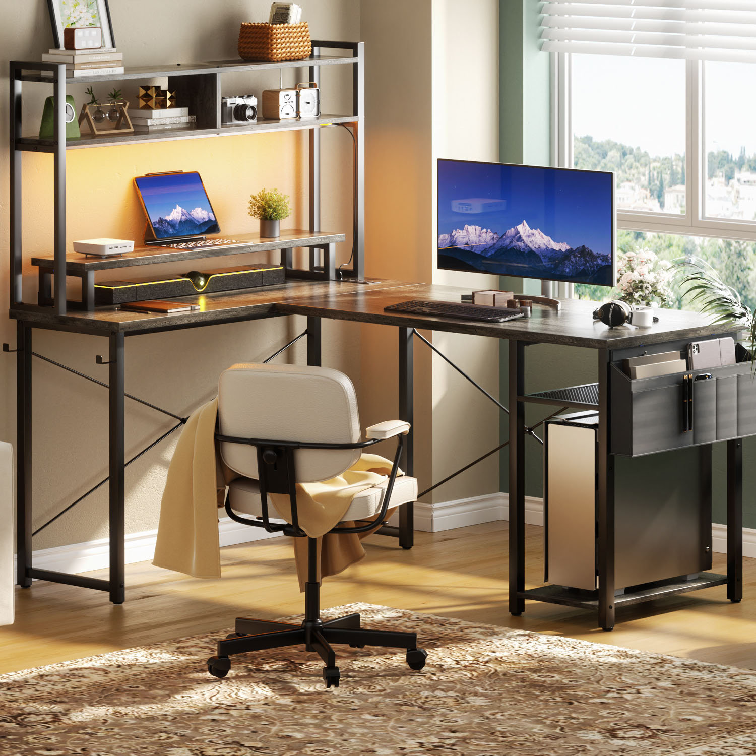 Ebern Designs L Shaped Computer Home Office Desk with Hutch, Power ...