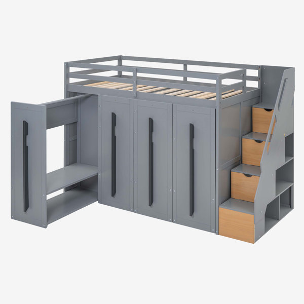 Rongeng Modern Loft Bed with Two-Tone Storage Stairs and Pull-Out ...