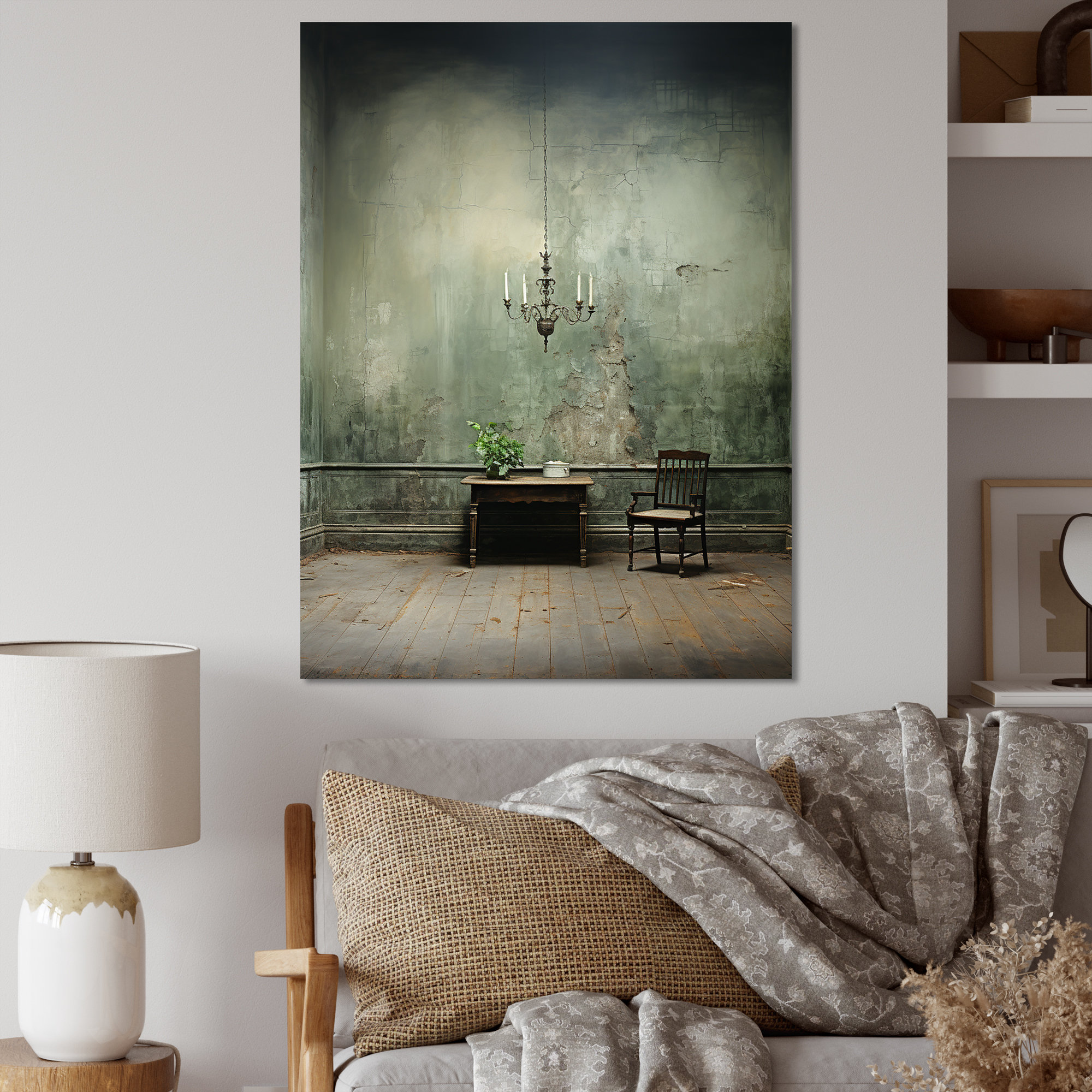 Design Art Beige And Green Minimalism Empty Space Embrace On Canvas ...
