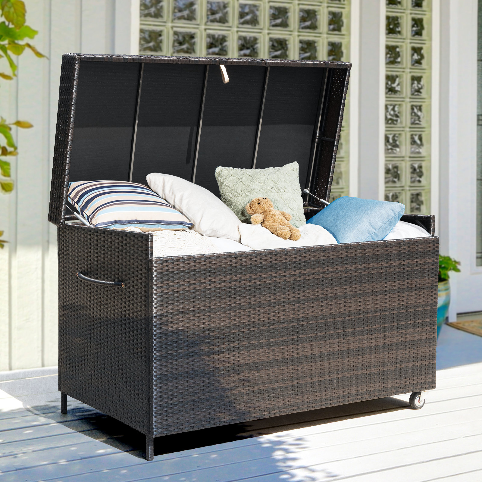 Bme 200 Gallon Water Resistant Wicker Deck Box with Wheels in Brown - Wayfair Canada