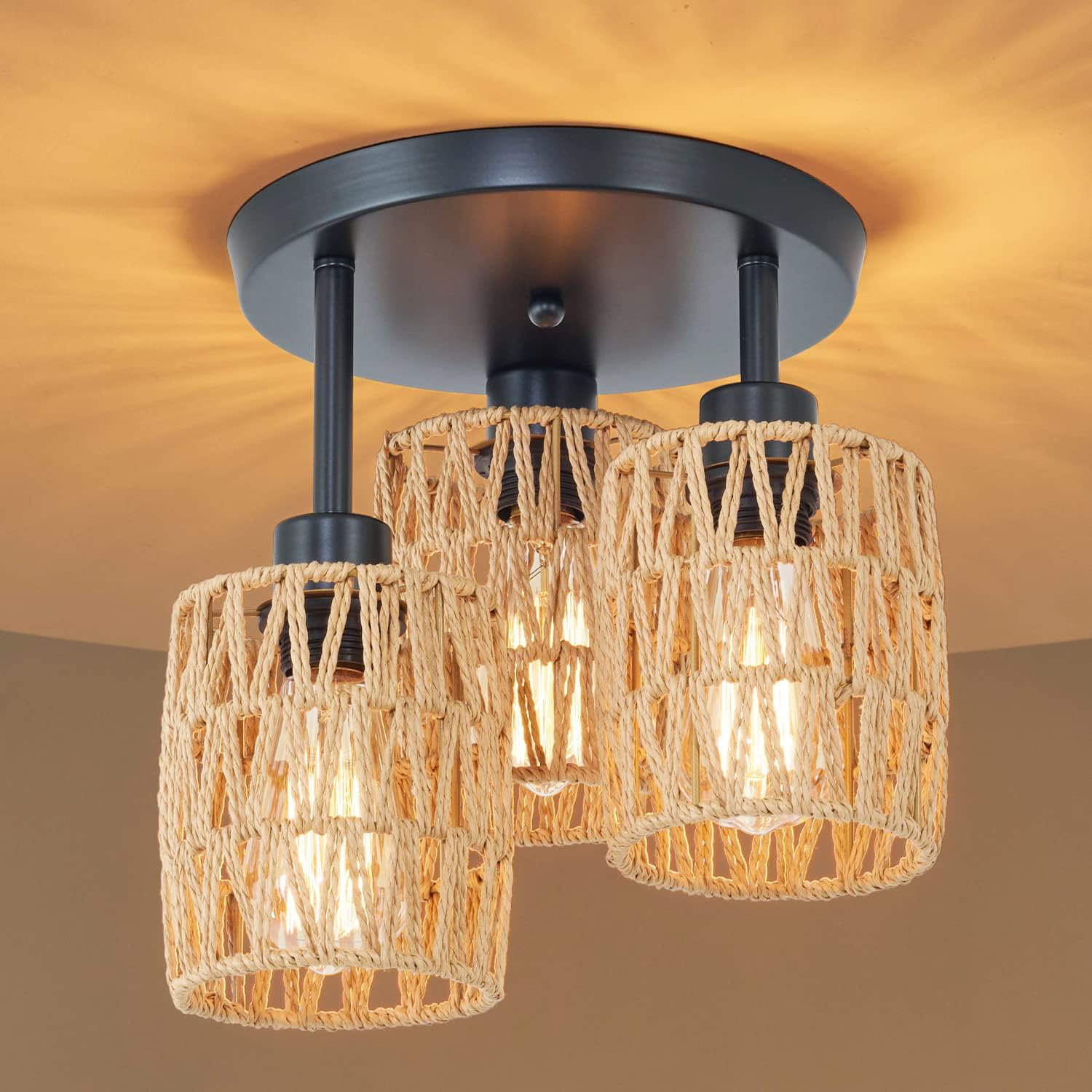 Bayou Breeze 3-Light Woven Rattan Ceiling Light, Farmhouse Boho Basket ...
