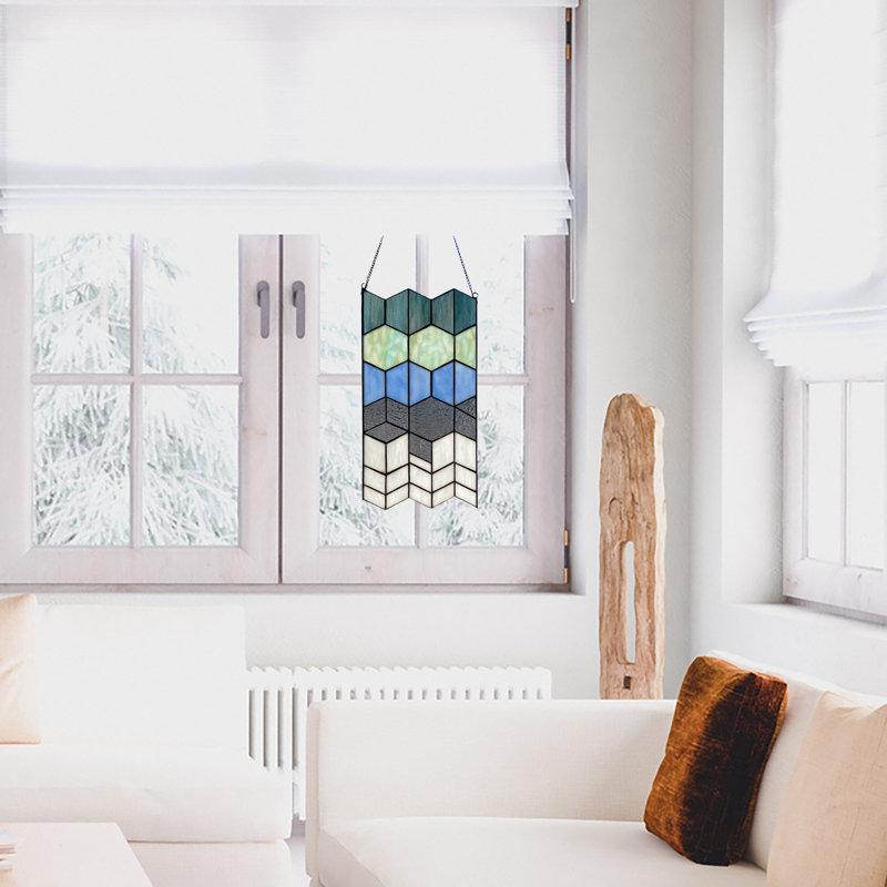 Winston Porter 16.5"H Grey & Blue Cubes Stained Glass Window Panel ...