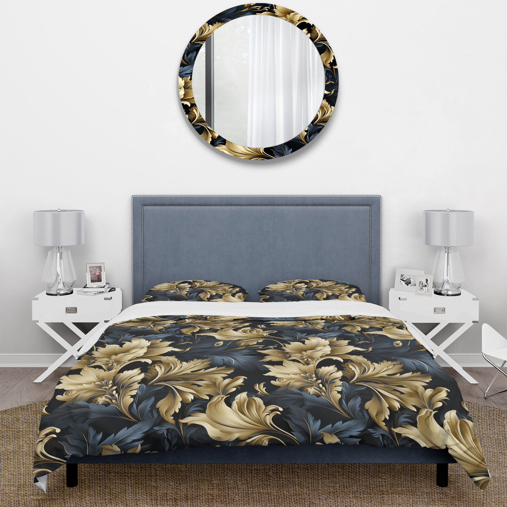 Design Art Dark Blue And Golden Gilded Damask Glamour II Bedding | Wayfair