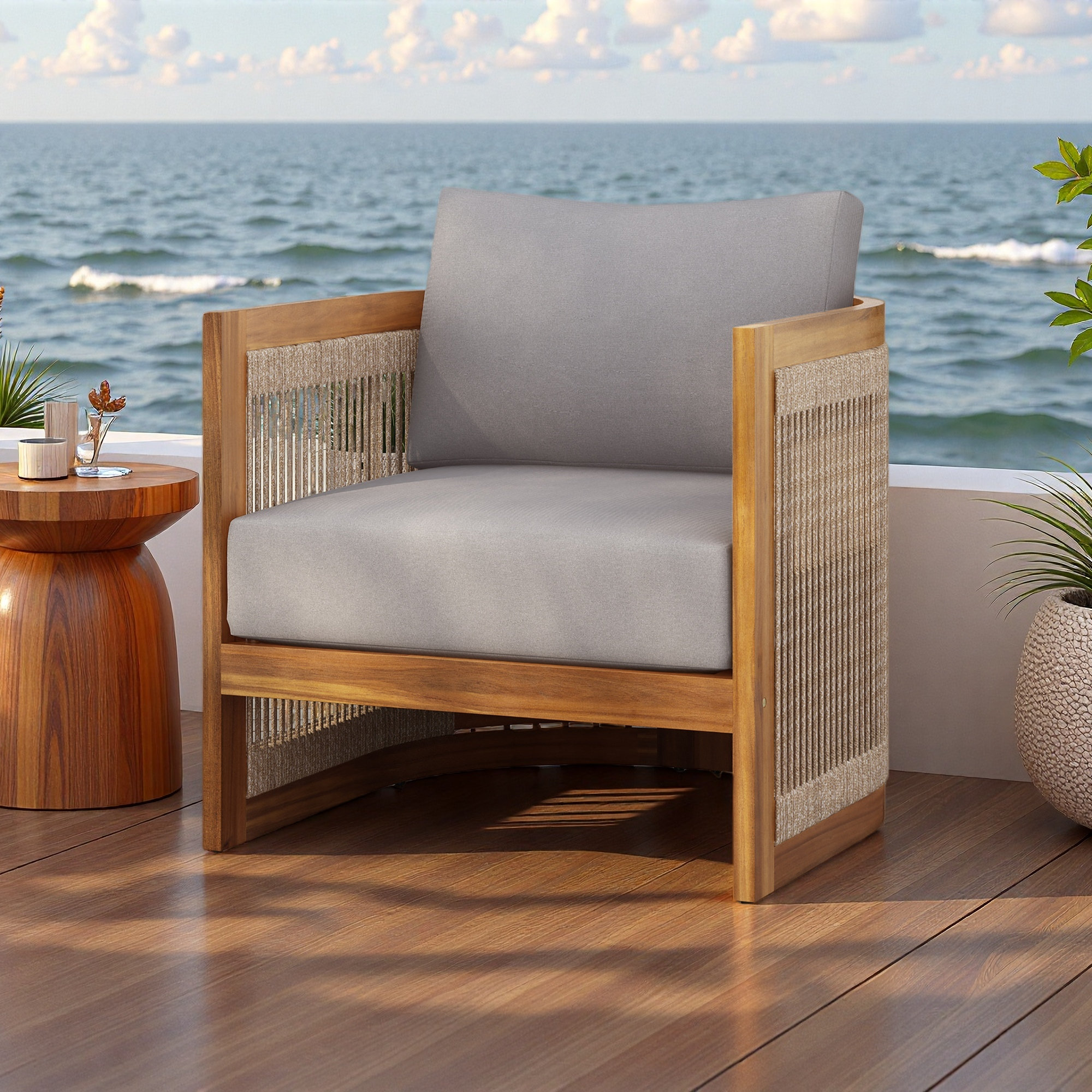 George Oliver Premium Acacia Wood Outdoor Club Chair, Curved Tub Design ...