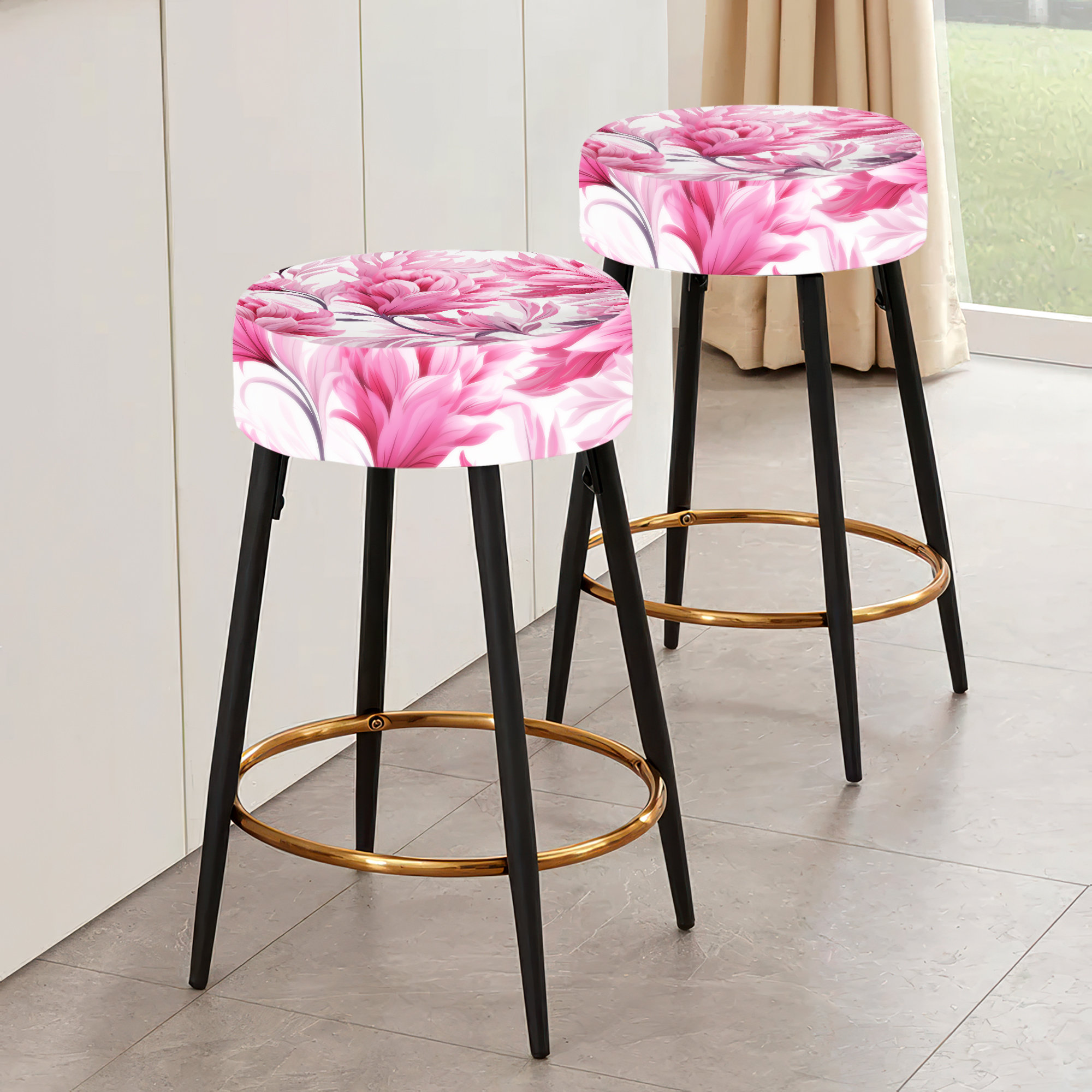Design Art Pink Love Knot Ikat Infused Blooms - Floral Bar Stools Set Of 2 | Wayfair