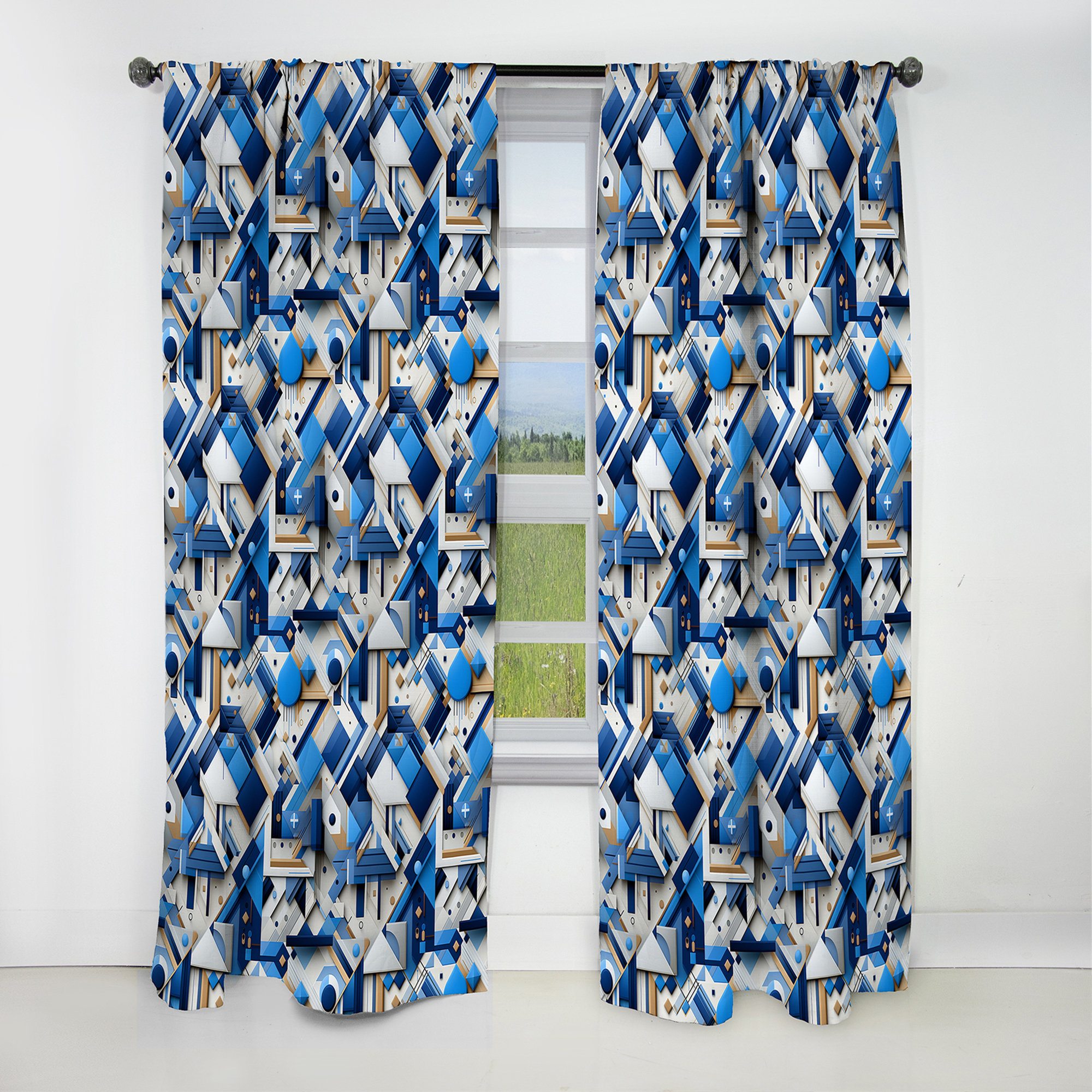 Design Art Blue And White Matrix Grid - Abstract Curtain - Blackout ...