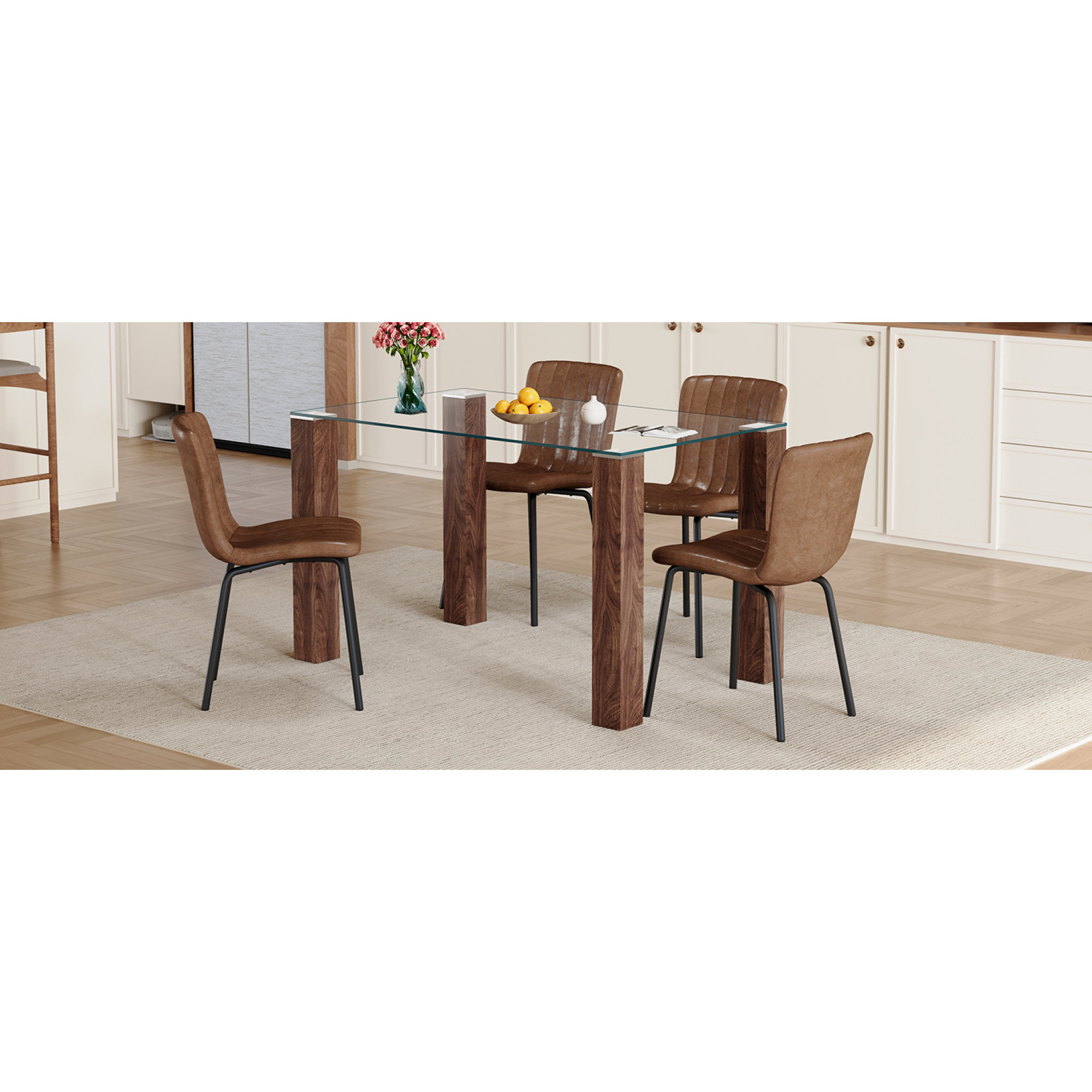 Corrigan Studio® Modern Minimalist Dining Set Tempered Glass Wood Grain ...
