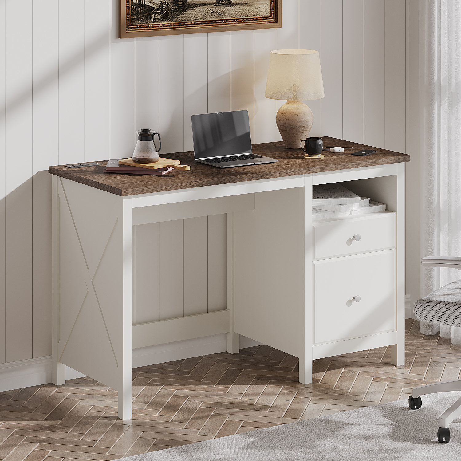 NFusion Purevia Modern Farmhouse Writing Desk With Built-In Outlets and ...